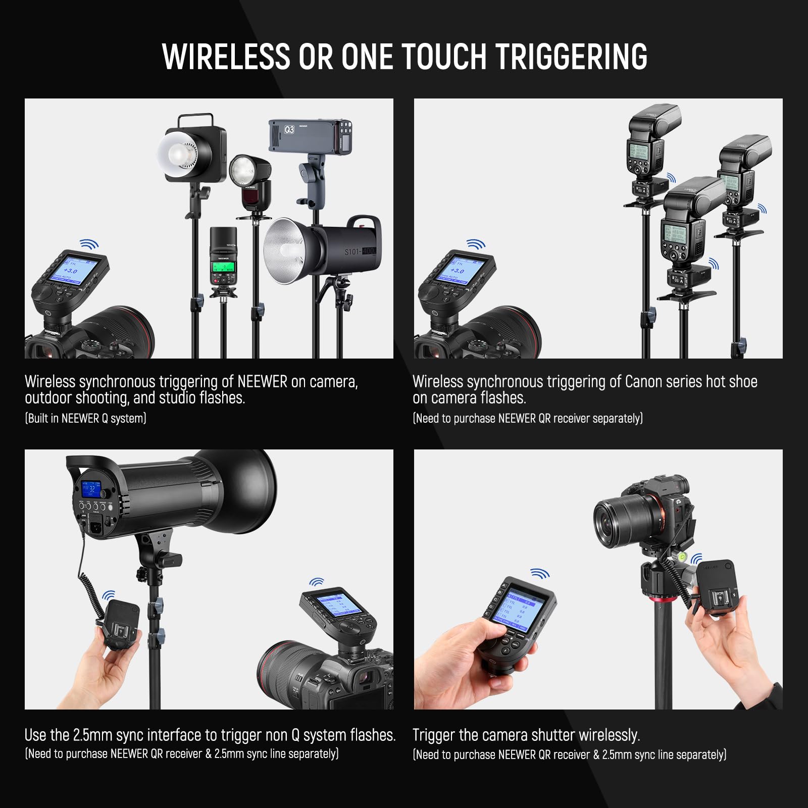 NEEWER Upgraded QPRO-C TTL Wireless Flash Trigger Compatible with Canon 1/8000s HSS Large Screen Slanted Design 5 Group 9 Customizable Functions for Q4 Q3 Z2 Z1 Z760 NW760 S101-300W PRO/400W PRO