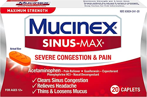 Maximum Strength Mucinex Sinus-Max Severe Congestion Relief Caplets, 20 Count, Clears Sinus & Nasal Congestion, Relieves Headache & Fever, Thins & Loosens Mucus