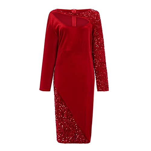 Pinkpaopao Plus Size Women's Prom Dress Hollow Out Sequins Long Sleeve High Waisted Patchwork Elegant Midi Dress Red