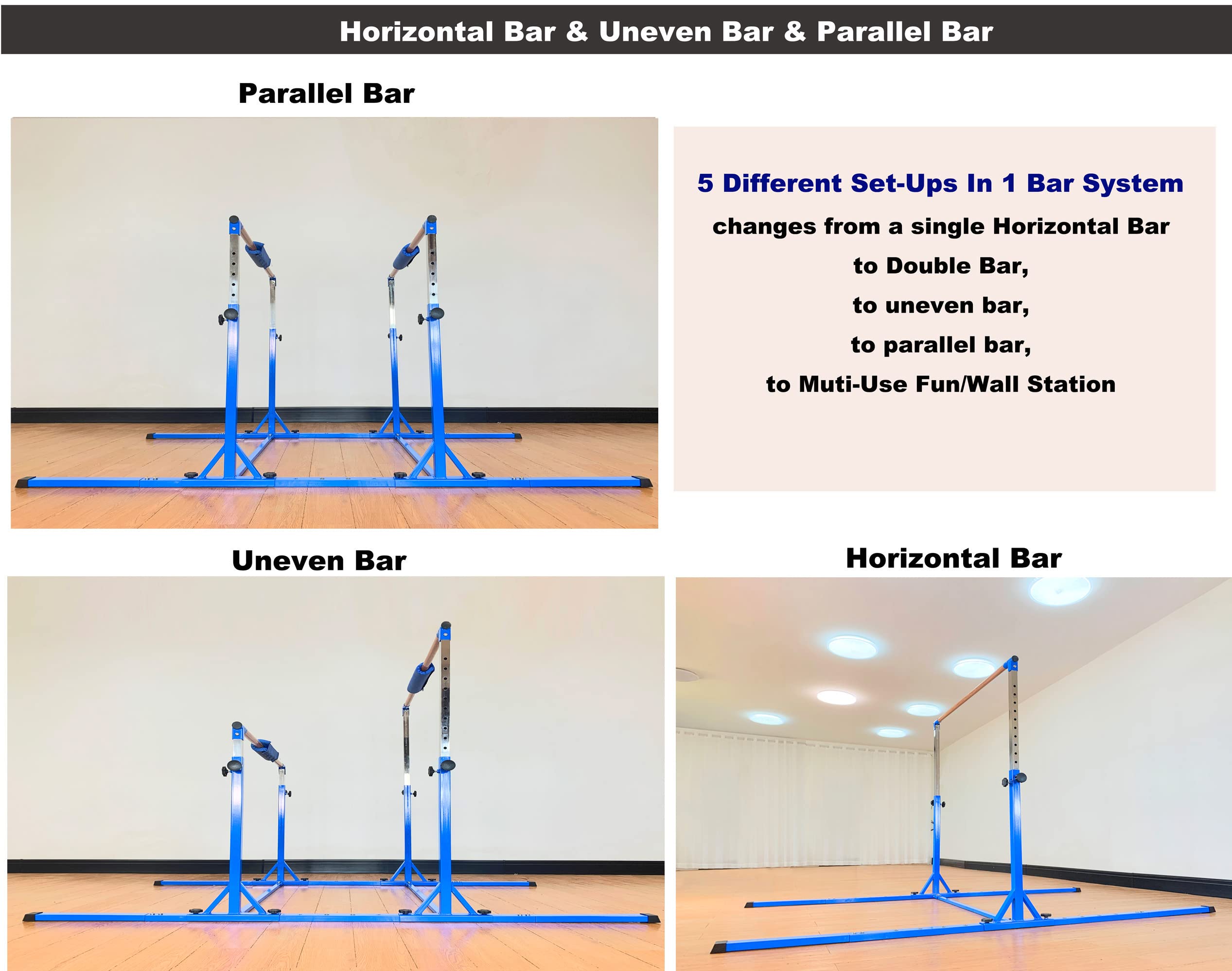 MARFULA Gymnastics Double Horizontal Bars 3Play Parallel Bars Uneven Bars Gymnastics Training Kip Bar with 304 Stainless Steel Regulating Arms & Fiberglass Rail for Indoor Outdoor Home Club Use