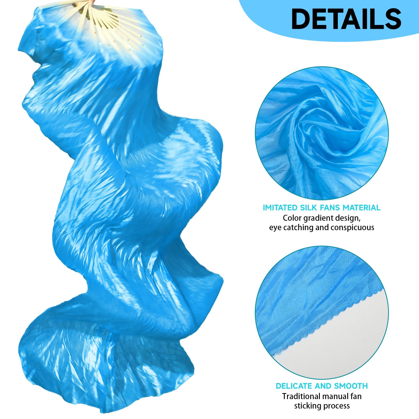 WEISIPU Hand-Made Faux Silk Belly Dance Fan Veils - Bamboo Long Fans Veils Available in 8 Stunning Colors for Dance Performances Right Hand (Blue)