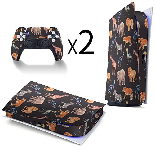 Watercolor Jungle Safari Animals Full Protective Skin Cover Design Wrap Decal Sticker Compatible with PS5 Digital Edition Console and Controller