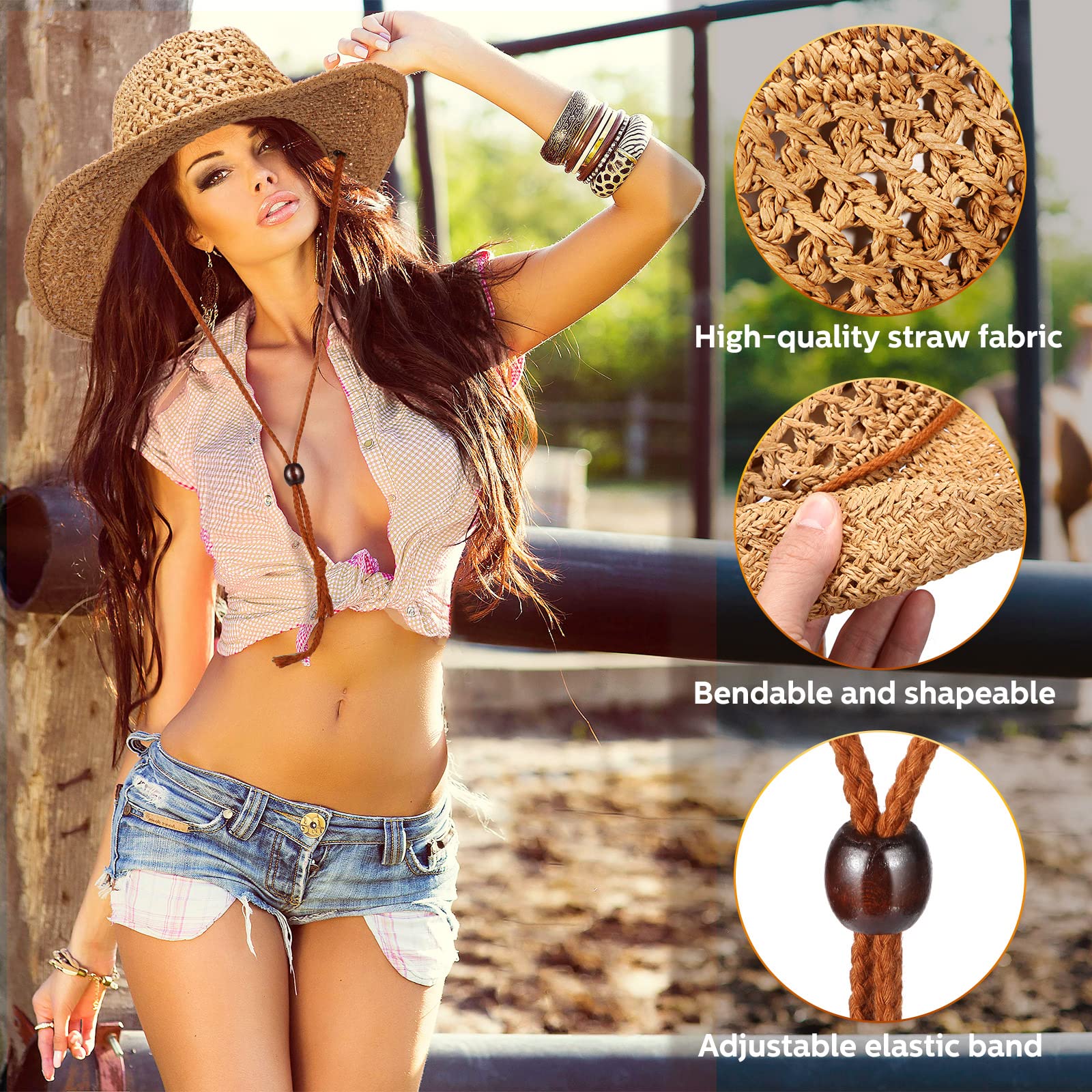 Unittype 6 Pcs Western Cowboy Straw Hats Shapeable Handmade Woven Sunscreen Beach Hat for Women Men Outdoor Seaside (Khaki)