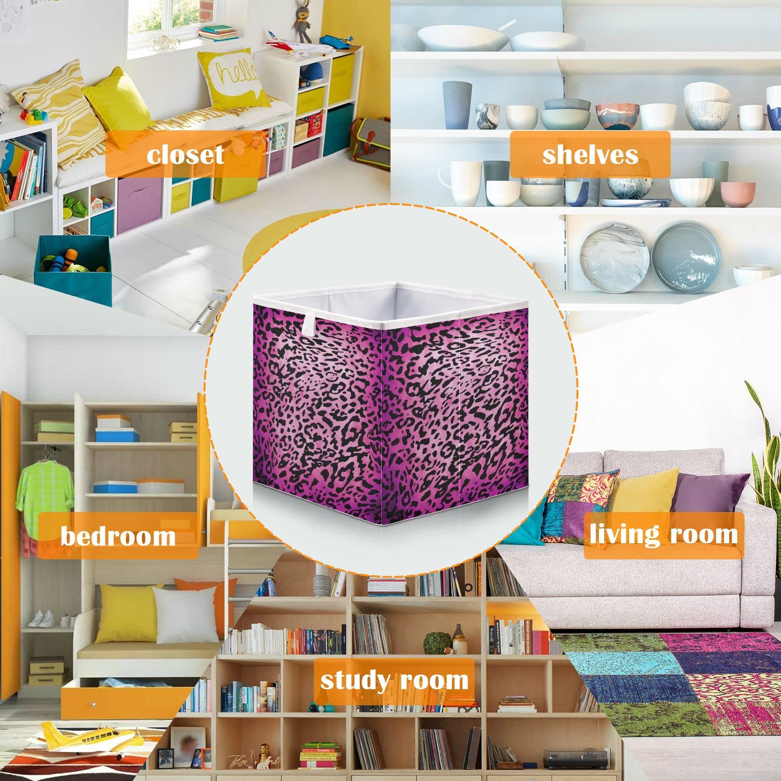 Shelf Baskets for Organizing,Closet Storage Bins Large Collapsible Storage Baskets with Handles for Closet,15X10.5X7 In, Leopard Pattern,ODK276