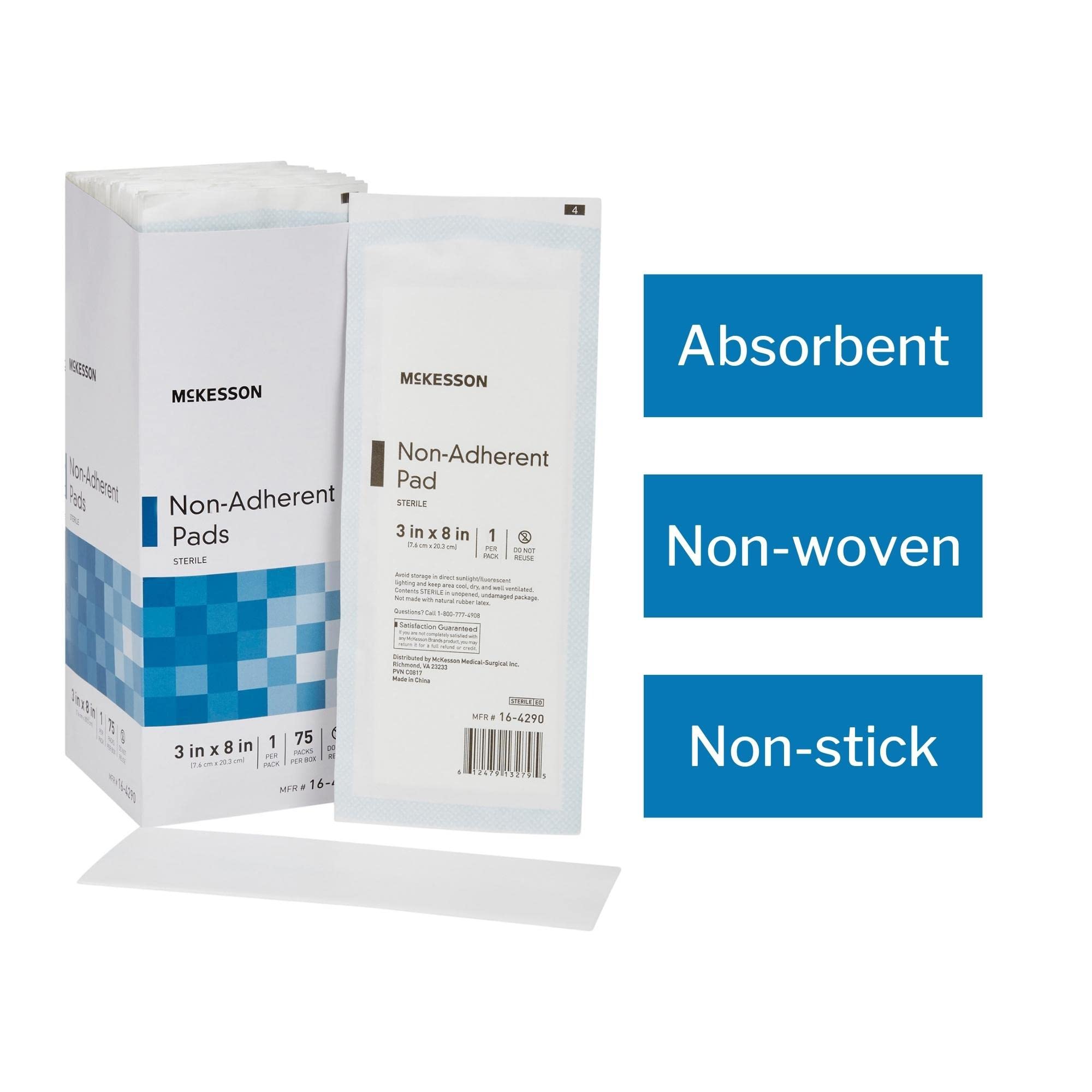 McKesson Non-Adherent Dressing Pads, Sterile, Nylon/Polyester, 3 in x 8 in, 75 Count, 1 Pack