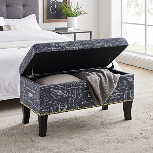 Linon Stephanie Script Linen Ottoman, 32"W x 16"D x 18"H, Gray/Black