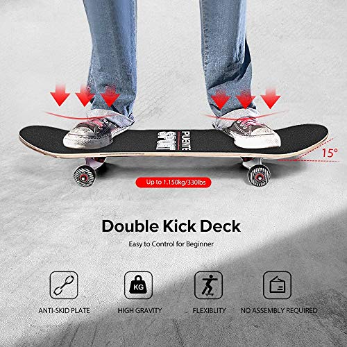 NACATIN Skateboard,Double Kick Deck Skateboard with 8-Layer Hard Maple Deck ABEC-9 Bearing PU Wheel for Adults,Youths,Girls,Beginners,400 lb