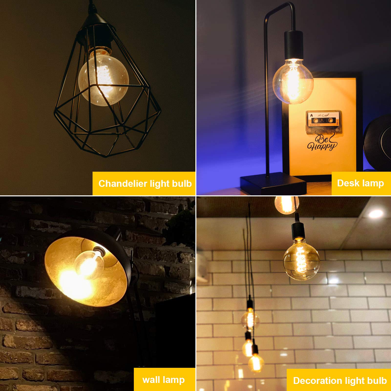 Ocona Vintage Edison LED Light Bulbs 40W Equivalent, G80 Amber Glass LDE Bulb, High CRI 90, 2000K Warm Yellow Light, E26 Medium Base, Pack of 4