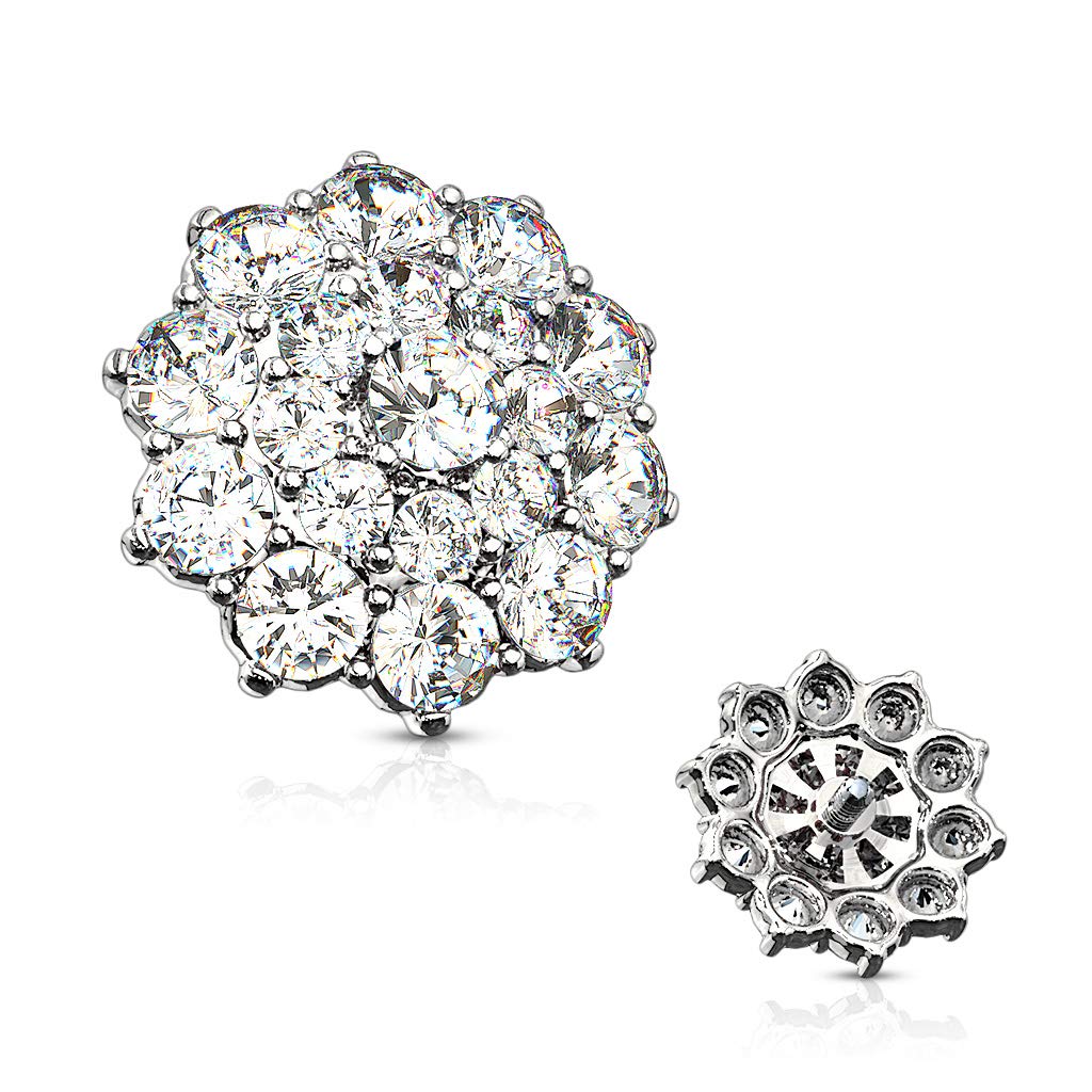 MoBody 14G Paved CZ Double Tier Round Flower Dermal Anchor Surgical Steel Internally Threaded Dermal Anchor Body Piercing Top (Silver-Tone)