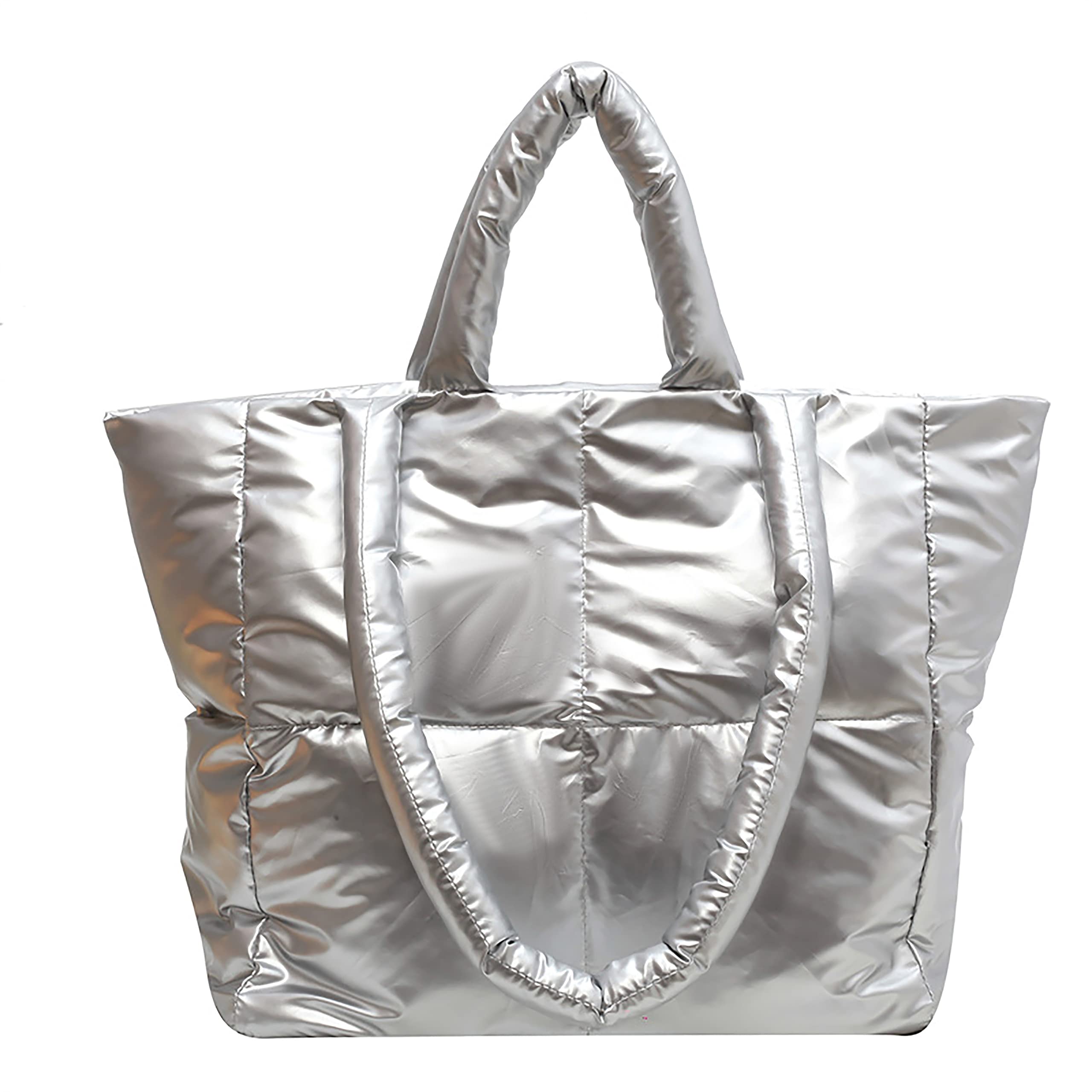 Soft Puffer Tote Bag Puffy Quilted Tote Bag For Women Winter Lightweight Down Cotton Padded Puffer Purse Trendy Luxury Silver One Size