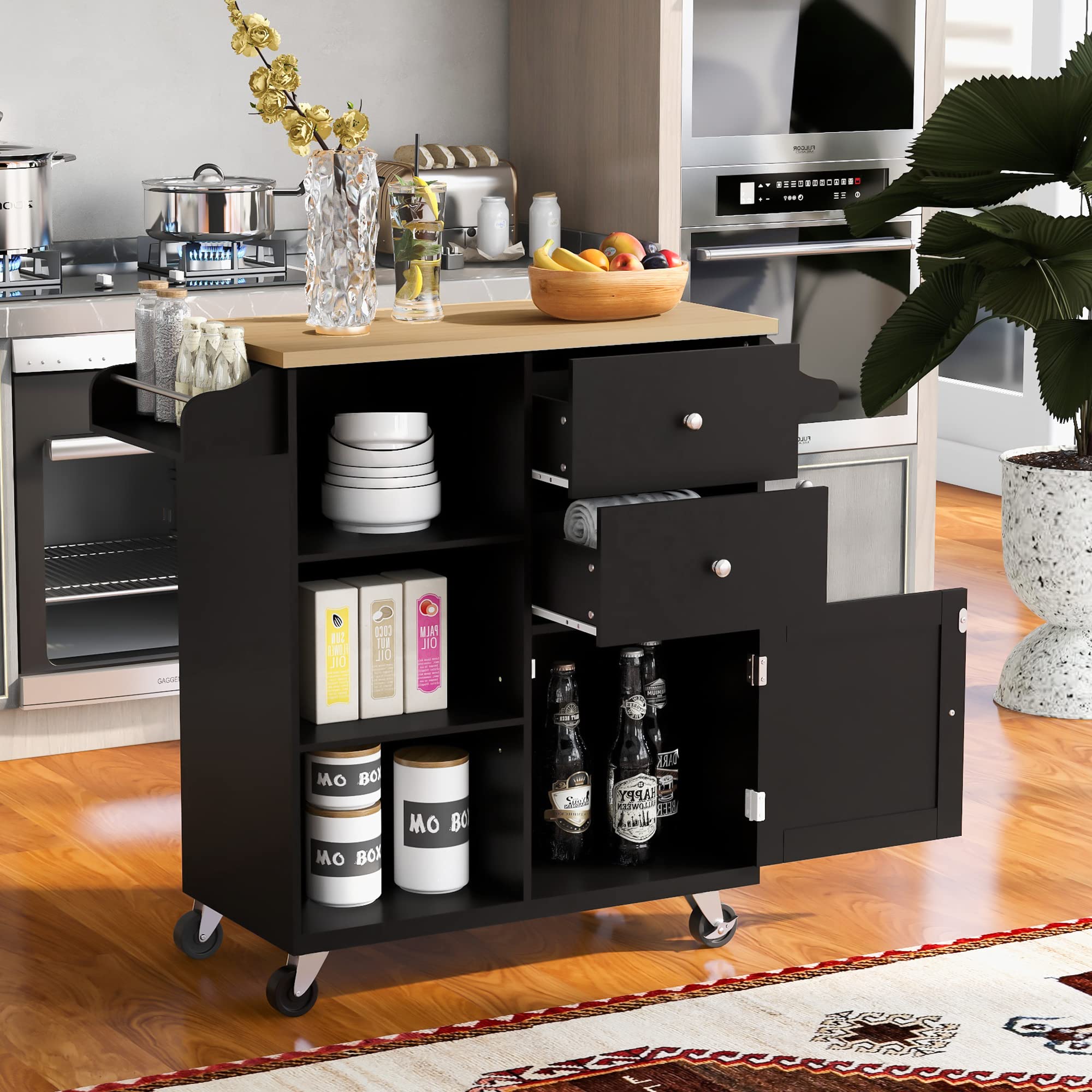 Mobile Kitchen Cart,Sideboard on 4 Wheels with 2 Drawers and 3 Open Shelves,Kitchen Island with Rubber Wood top,Storage Cabinet,Drawer, Spice Rack, Towel Rack, Kitchen Cart for Kitchen (Black)