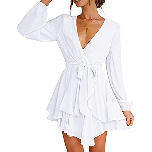 Pinkpaopao Women Deep V-Neck Flowy Dress Self Belt Long Sleeve Layered Swing Dress Solid Color Mini Dress