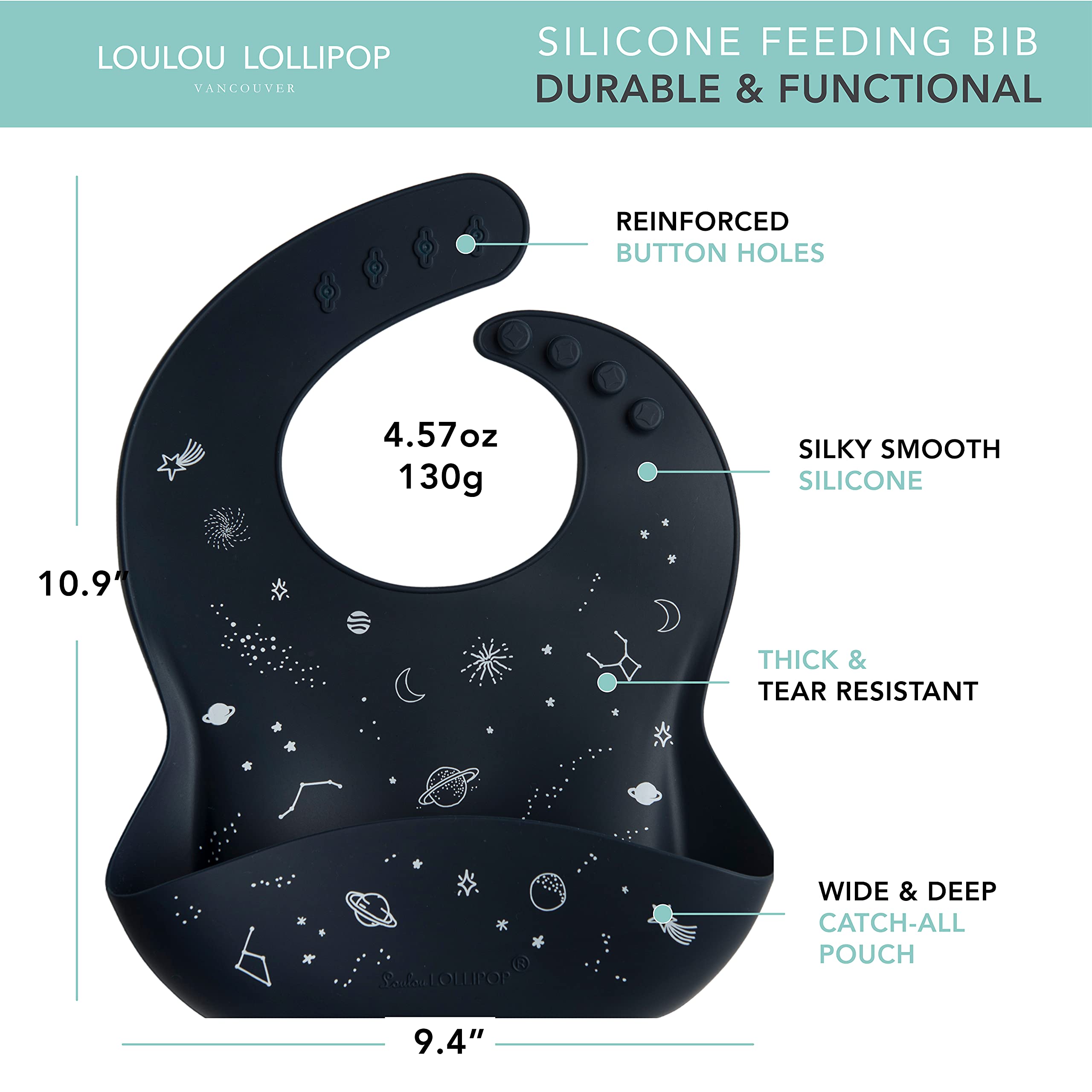Loulou Lollipop Soft, Waterproof Silicone Feeding Bib for Babies and Toddlers 3 to 36 Months, Easy to Clean, Adjustable Fit and Catch-All Pouch - Space