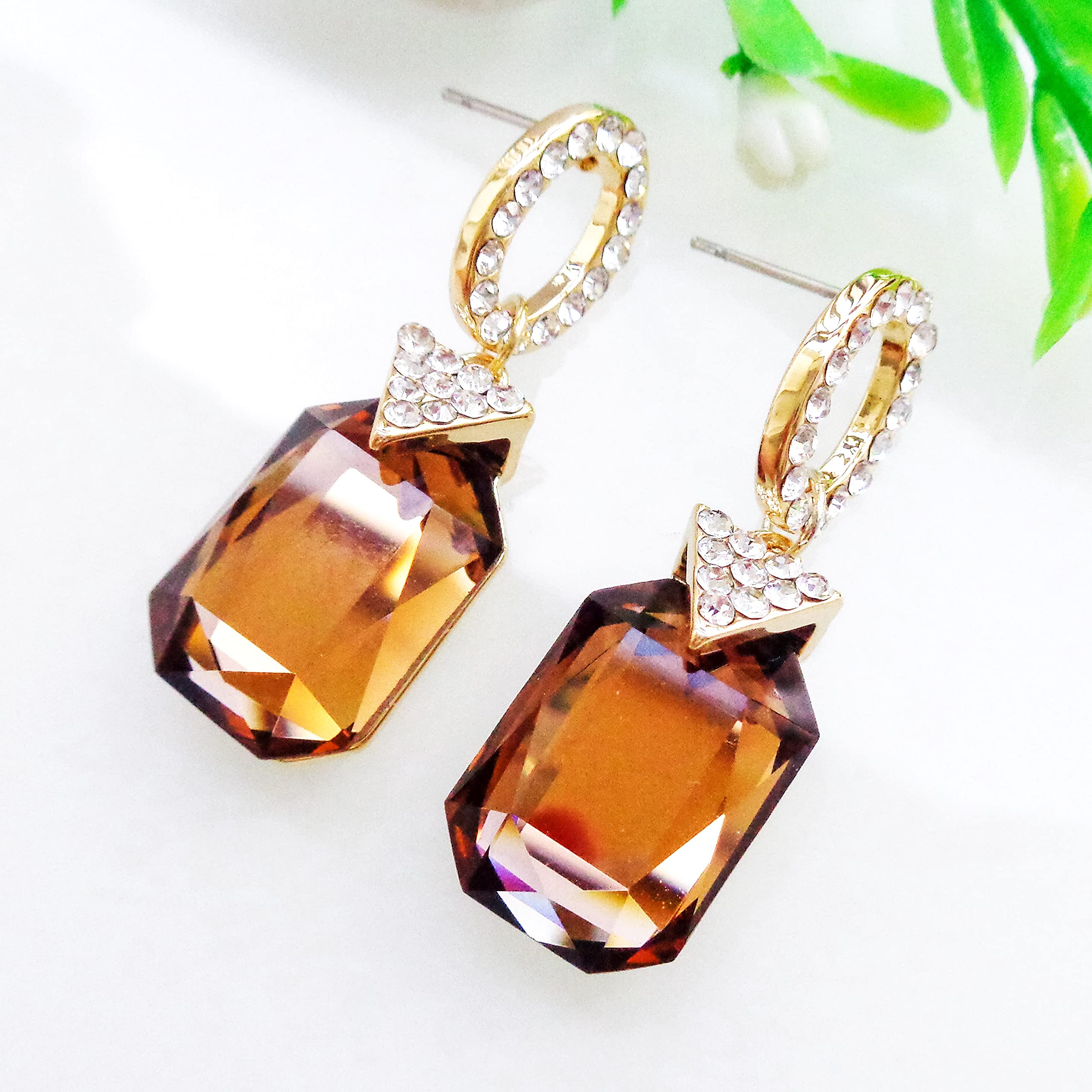 Navachi 18k Gold Plated White Crystal Brown Square Zircon Dangle Az1640e Stud Earrings