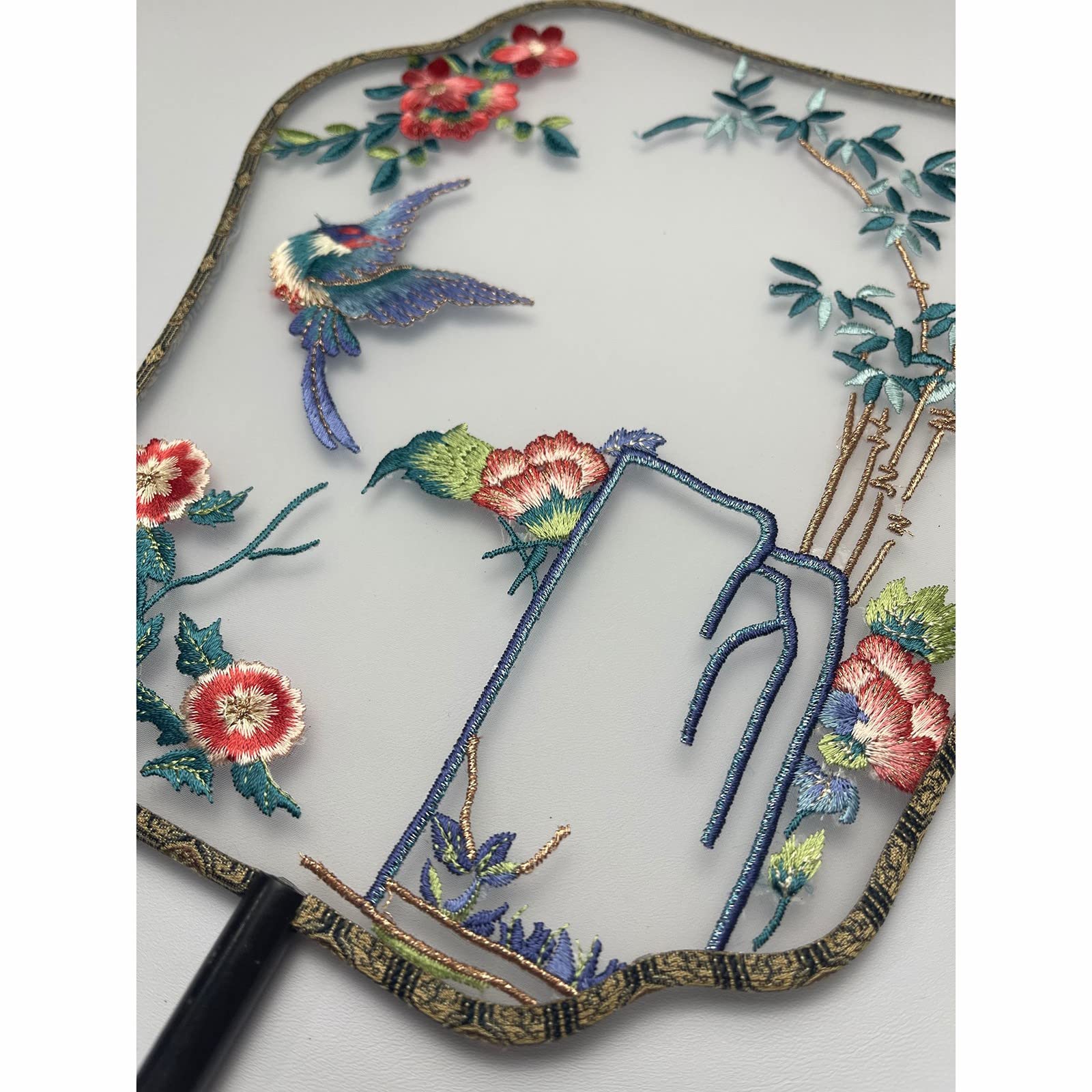 XELDEC Single Side Embroidered Hand Fan (Flower/Bird) Chinese Style Palace Fan Hanfu Fan