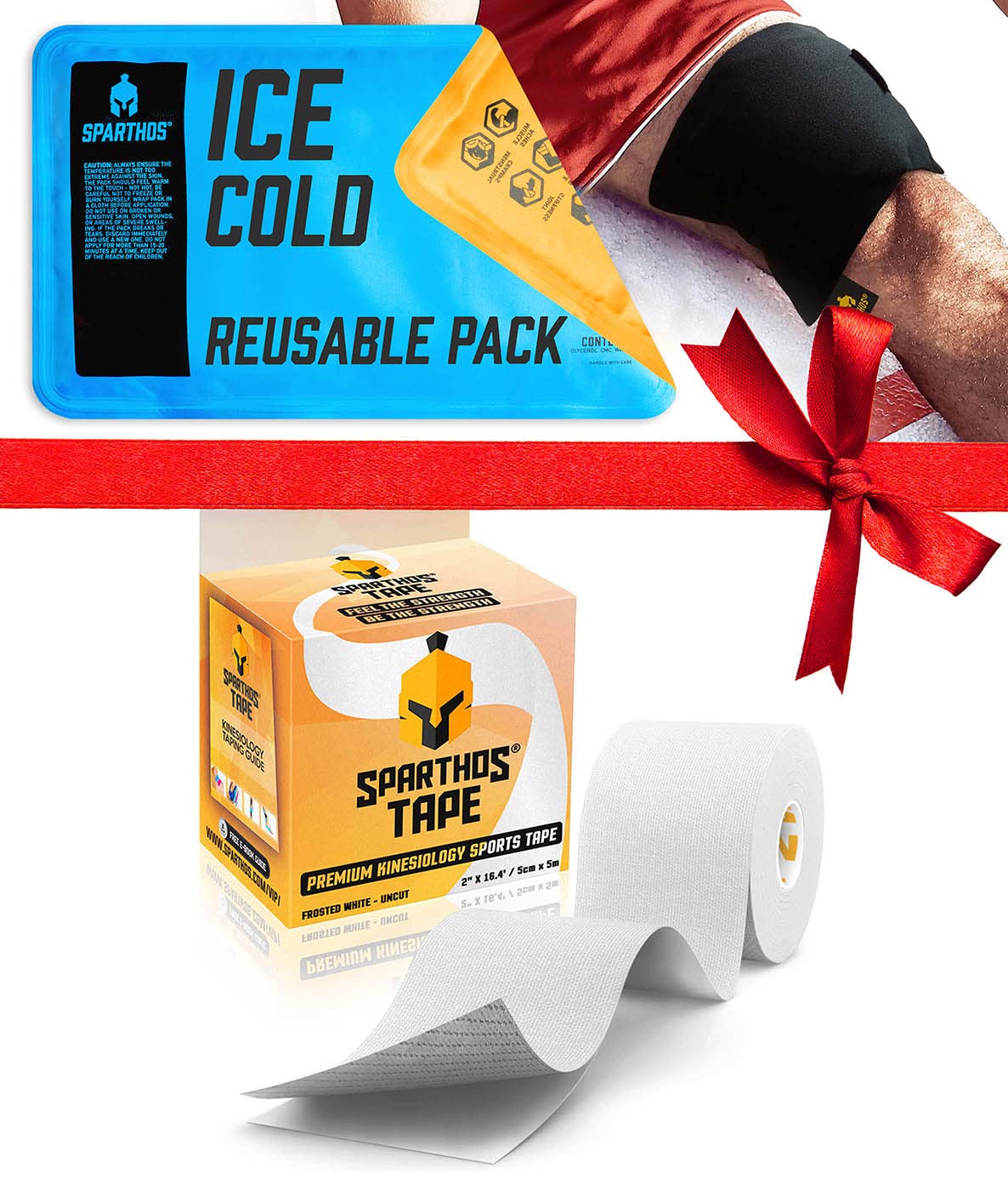Sparthos Kinesiology Tape [Frosted White - 16.4ft Uncut Roll] + Sparthos Ice Packs for Injuries [Size Medium + Cover]