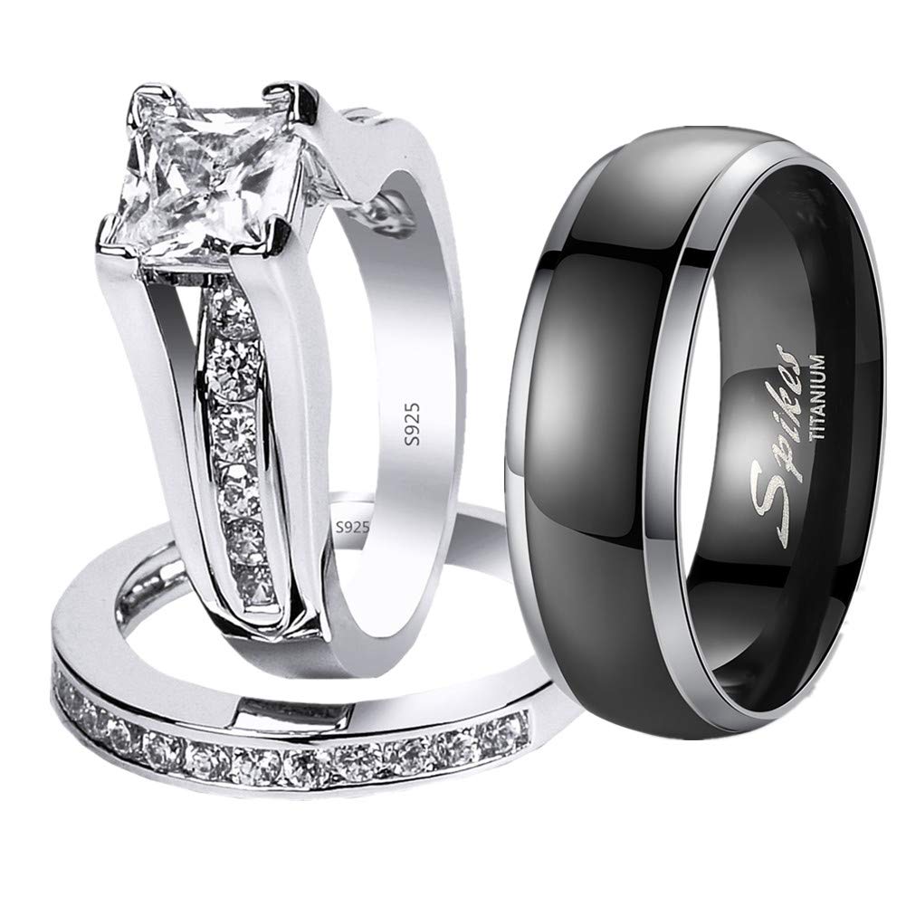 MABELLA His and Hers 3Pc Titanium Matching Band Pretty Women Princess Cut 925 Sterling Silver Wedding Ring Set Women's Size 10 Men's Size 9