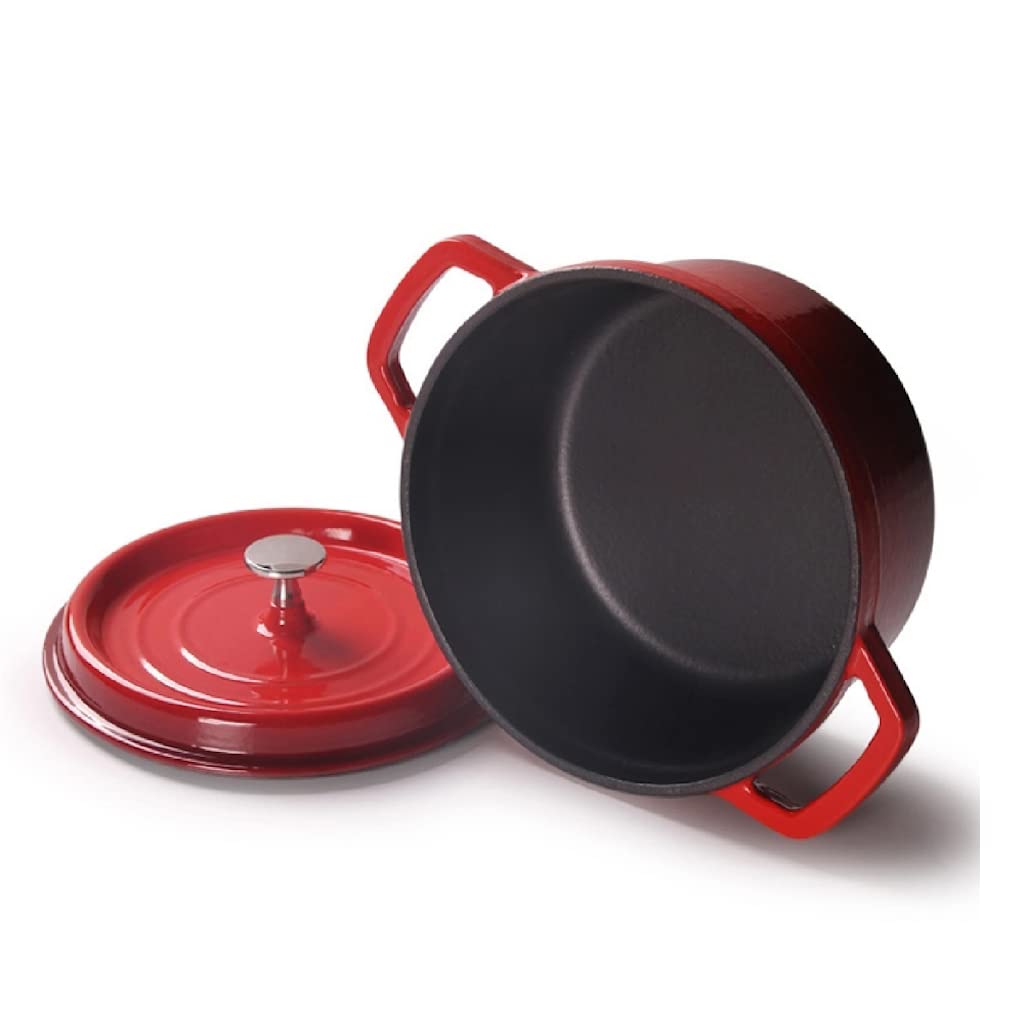 RikoTech 4 Quart Enamel Pan Cast Iron Dutch-ovens Stewpan Casting Cookware with Steamer Thermo Pot Big Cooking Pot for Kitchen Red