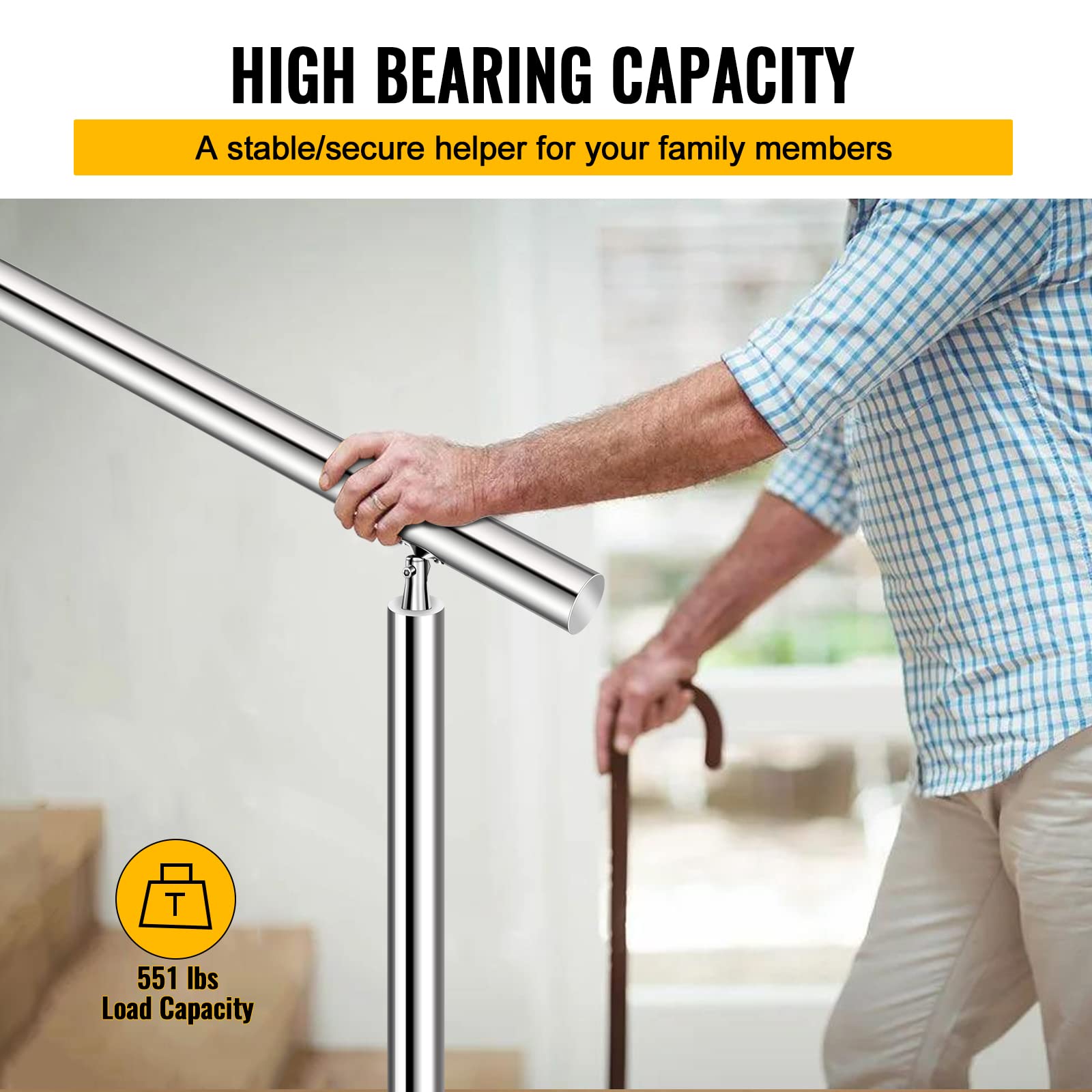 Migoda Stainless Steel Handrail 55’’x34’’ Inch, Silver Stair Handrail 551Lbs Load, Angle Adjustable Hand Rails for Outdoor Steps, Stair Rail Fits 4-5 Steps with Complete Screw Kit