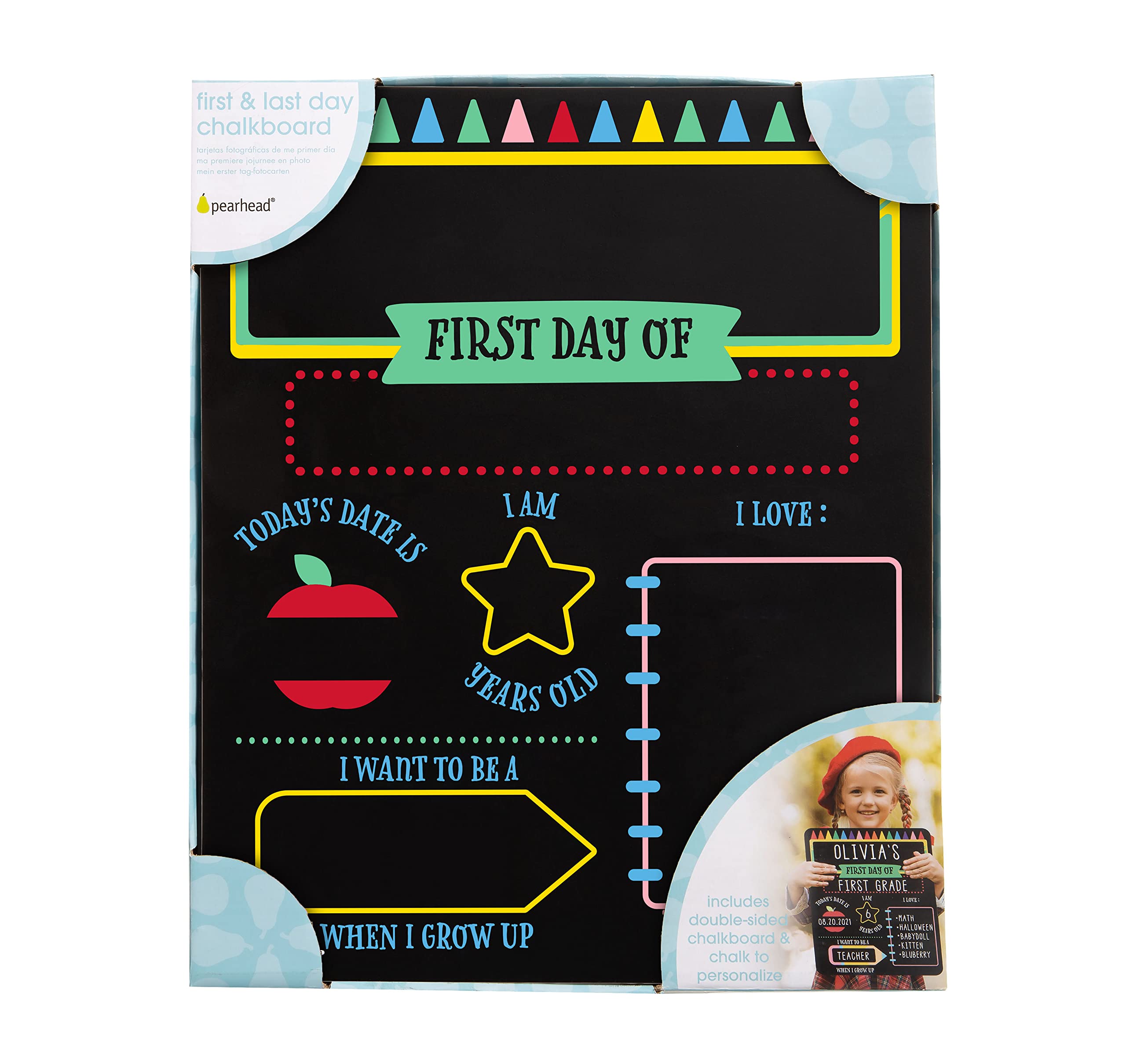 Pearhead First and Last Day of School Reversible Chalkboard, Milestone Board, Reusable Photo Sharing Prop with Chalk, Celebrate School Memories and Milestones
