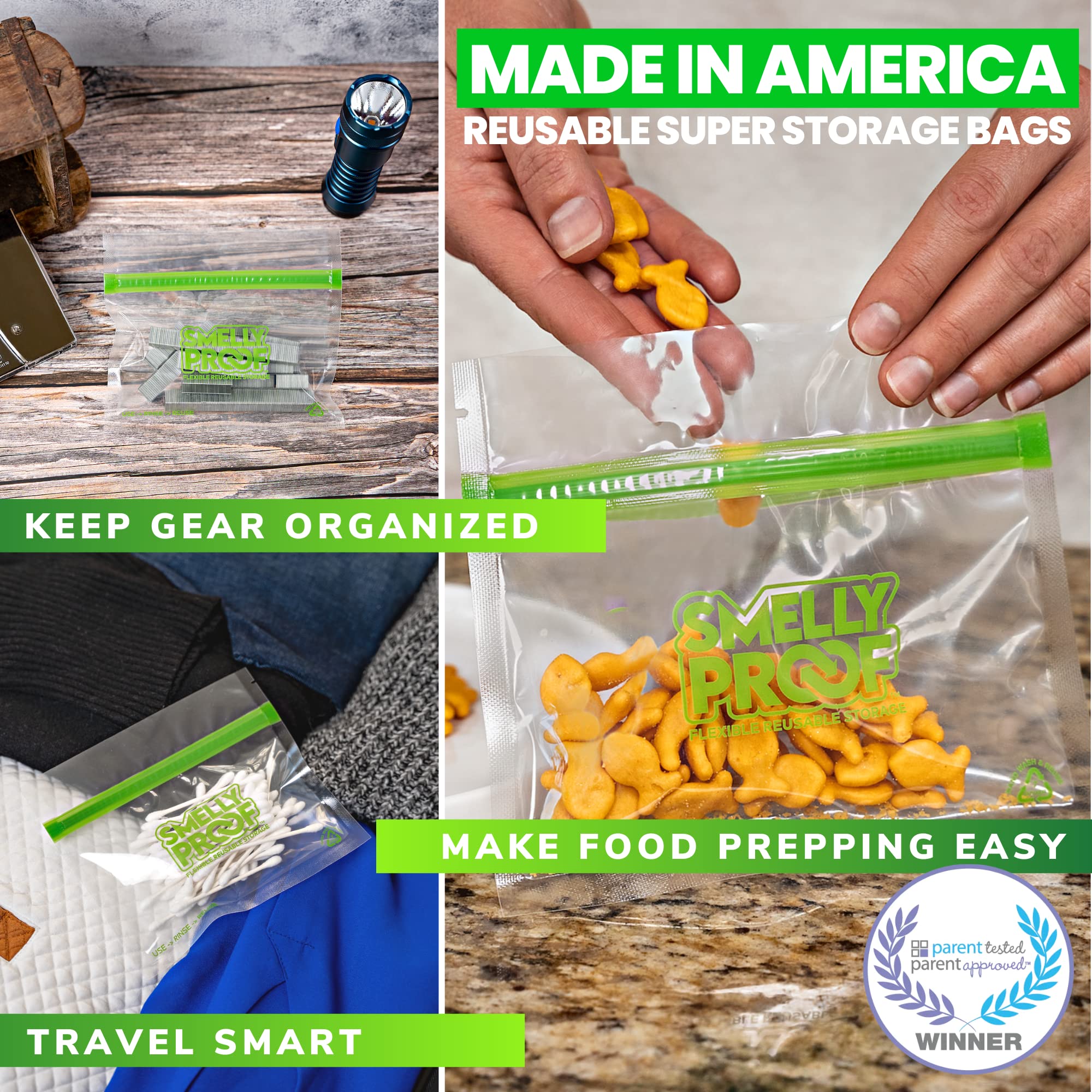 Smelly Proof Reusable Food Storage Bags Bundle - Made in USA, Easy Clean, Dishwasher-Safe, XXL 2-Gallon Freezer Bags & Small SM-Snack Bags, 3-mils Thick, PEVA & BPA Free, 5-Pack & 10-Pack