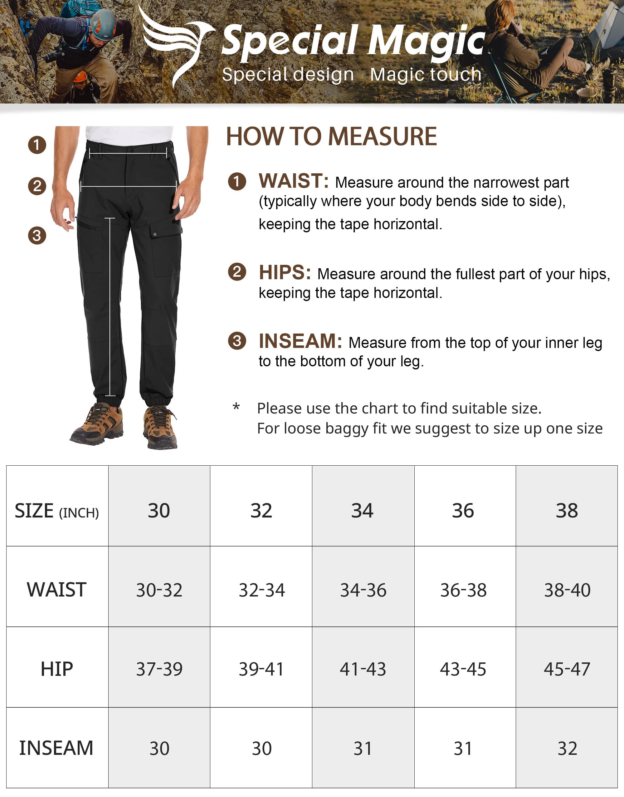 SPECIALMAGIC Men's Cargo Joggers Hiking Pants Slim Fit Waterproof Travel Pants Work Casual Skinny Golf Pant with Pockets Black