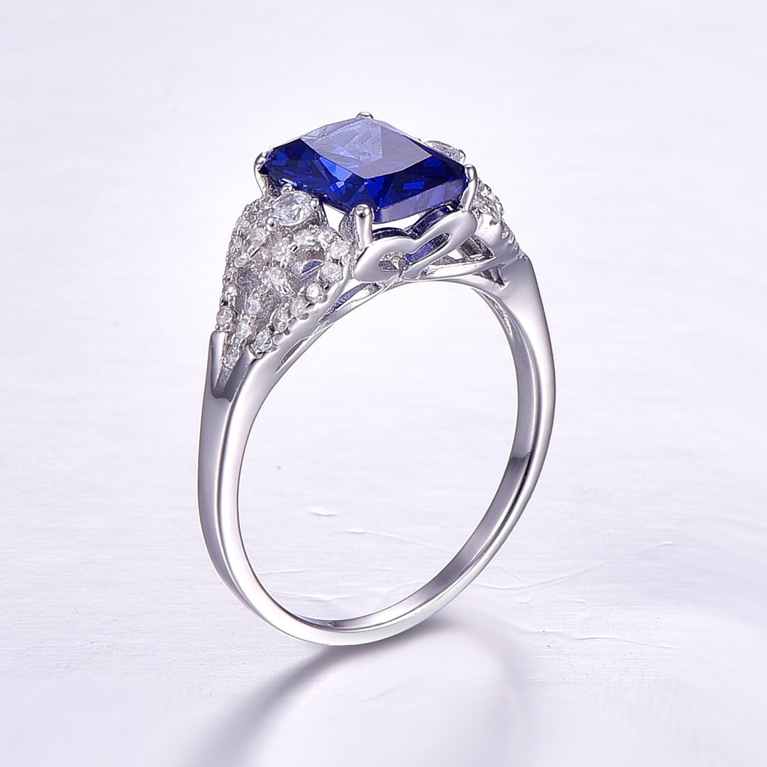 Merthus 7x9mm Radiant Cut Simulated Blue Sapphire 925 Sterling Silver Engagement Ring for Women Size 8