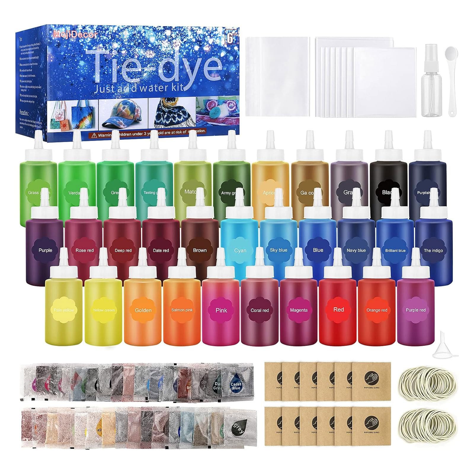 MojiDecor 32 Color Tie Dye Kit, Permanent Fabric Dye Kit for Kids, Adults, Large Group Handmade Party Activity, All-in-one Neon Tie Dye Kit
