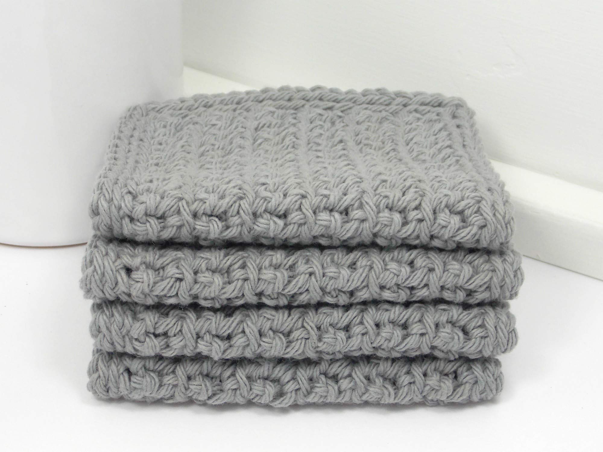Set of 4 Handmade Grey 4 inch x 7 inch Rectangular Crochet Cotton Dishcloths, Gray Dishrags