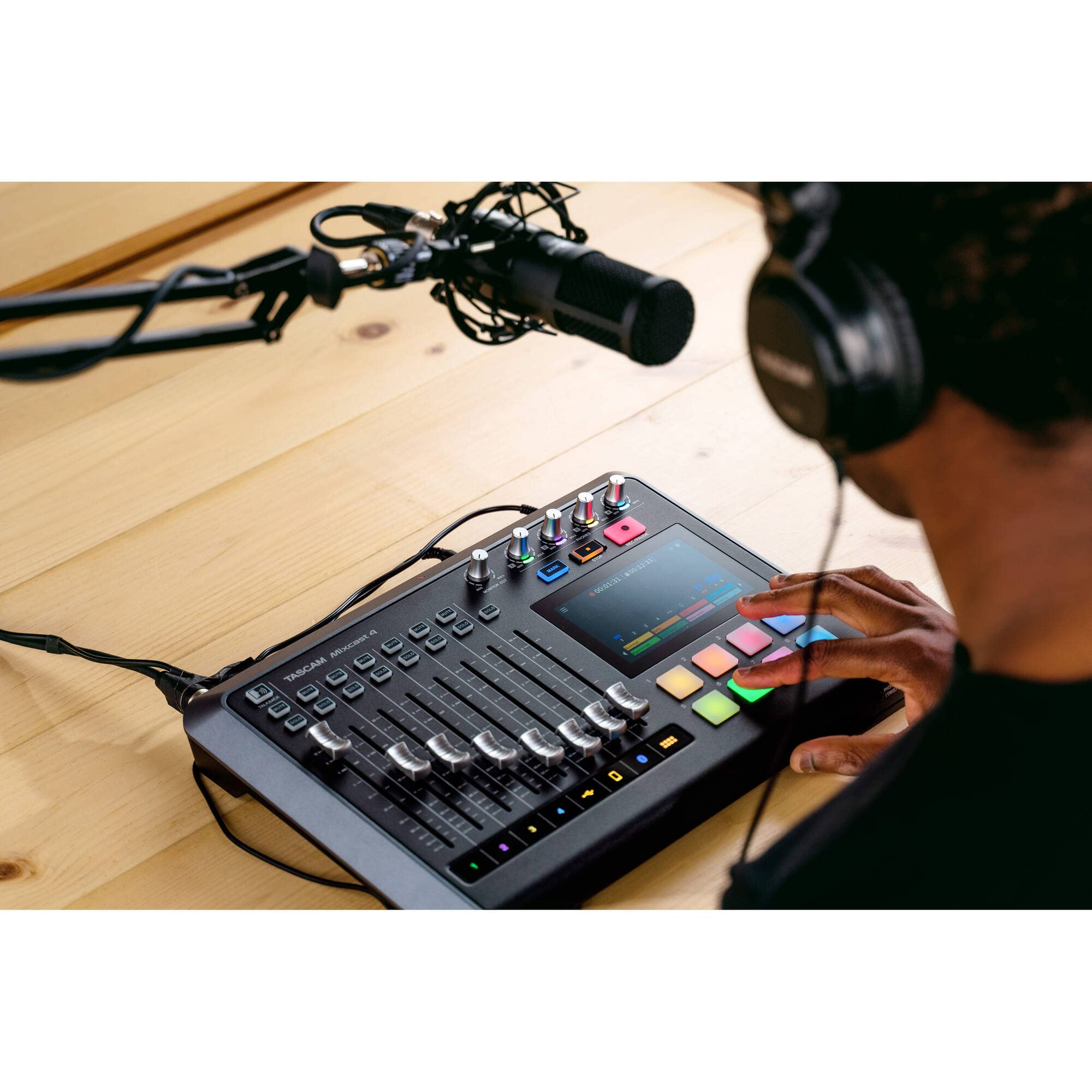 Tascam Mixcast 4 Podcast Mixer Built-in Recorder/USB Audio Interface Bundle with Tascam TH-02 Headphones, 64GB SDXC Memory, 2x 10-Foot TRS Cable, 2x 10-Foot XLR Cable, 4x Cable Tie, Microfiber Cloth