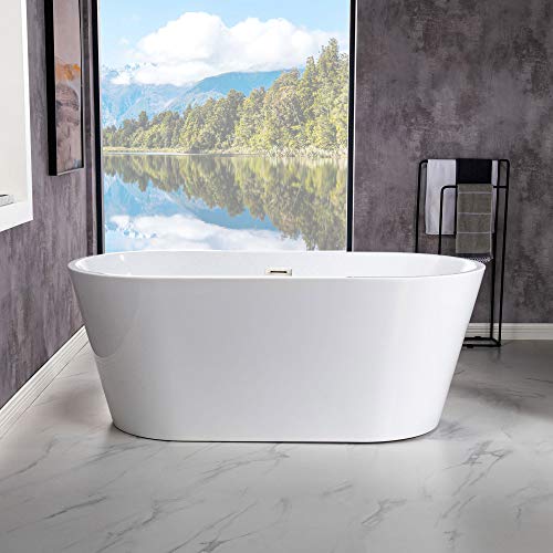 WOODBRIDGE 59" Acrylic Freestanding Bathtub Contemporary Soaking White Tub with Chrome Overflow and Drain,B0014-CH