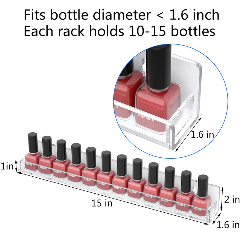 NIUBEE 2 Pack Nail Polish Rack Wall Mounted Shelf with Removable Anti-slip End Inserts, Clear Acrylic Nail Polish Organizer Display 30 Bottles