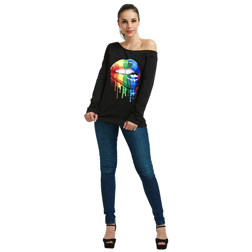 MAGICMK Woman’s Sweatershirt Lips Print Causal Blouse Off The Shoulder Long Sleeve Loose Slouchy Pullover Plus Size Tops…(3XL)