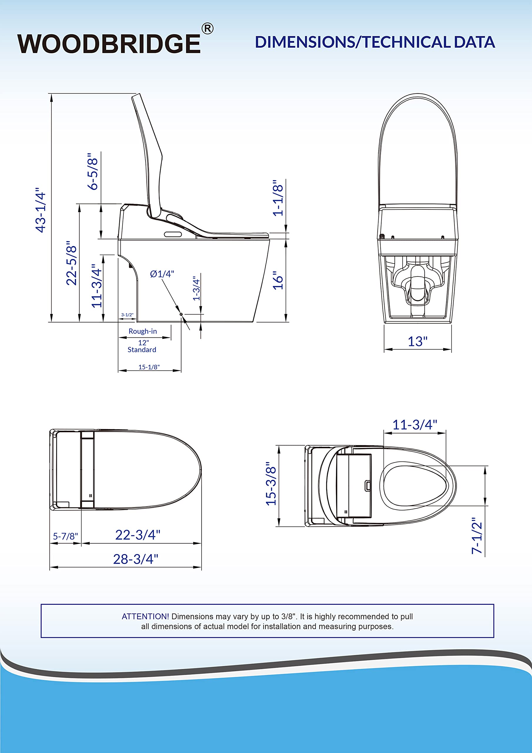WOODBRIDGE B0960S Auto Flush, Auto Open & Auto Close, 1.28 GPF Single Flush Toilet with Intelligent Smart Bidet Seat and Wireless Remote Control, Chair Height
