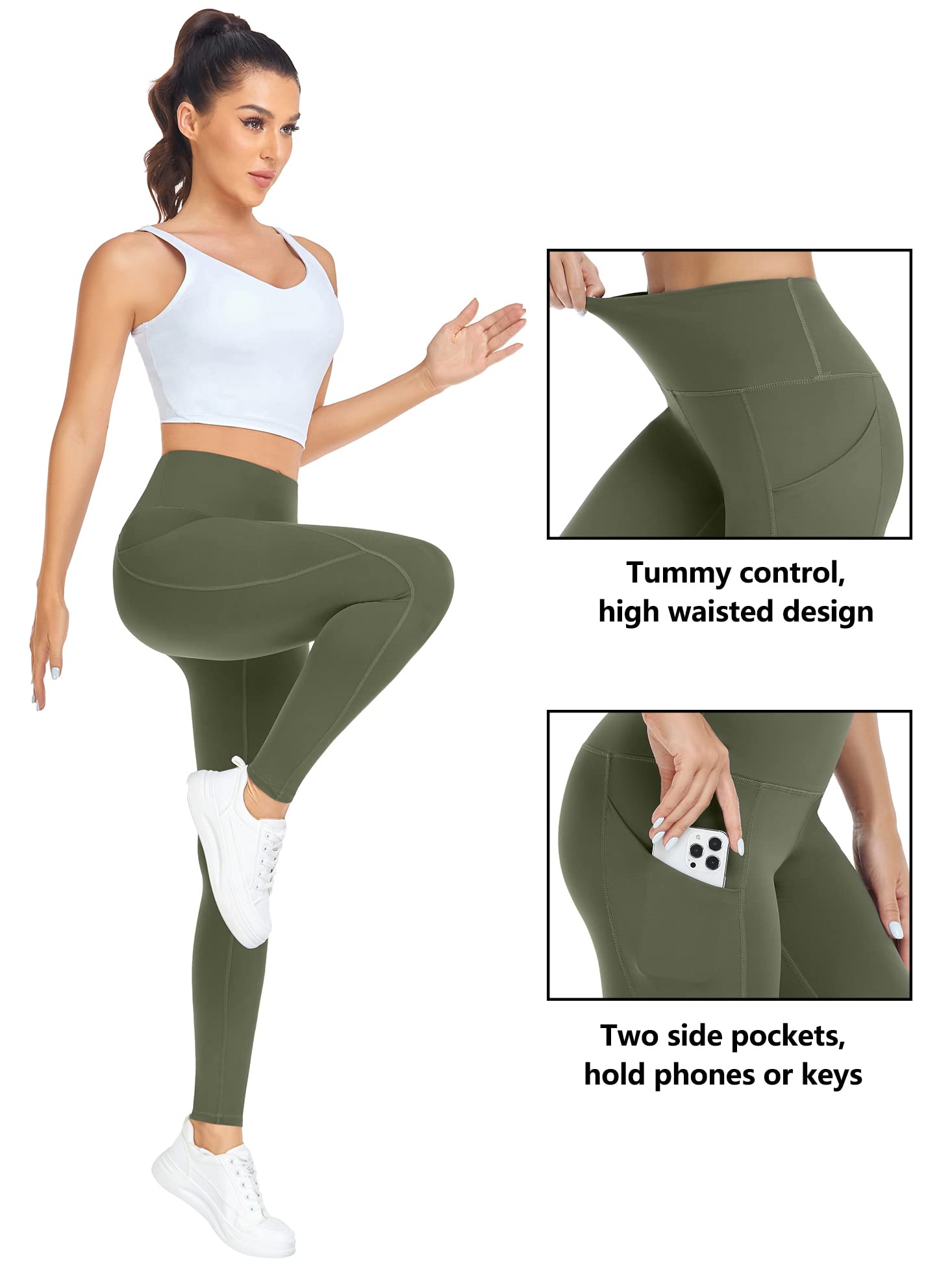 Taydey Women's High Waisted Yoga Leggings with Pockets,Tummy Control Workout Athletic Running Yoga Pants Olive Green L