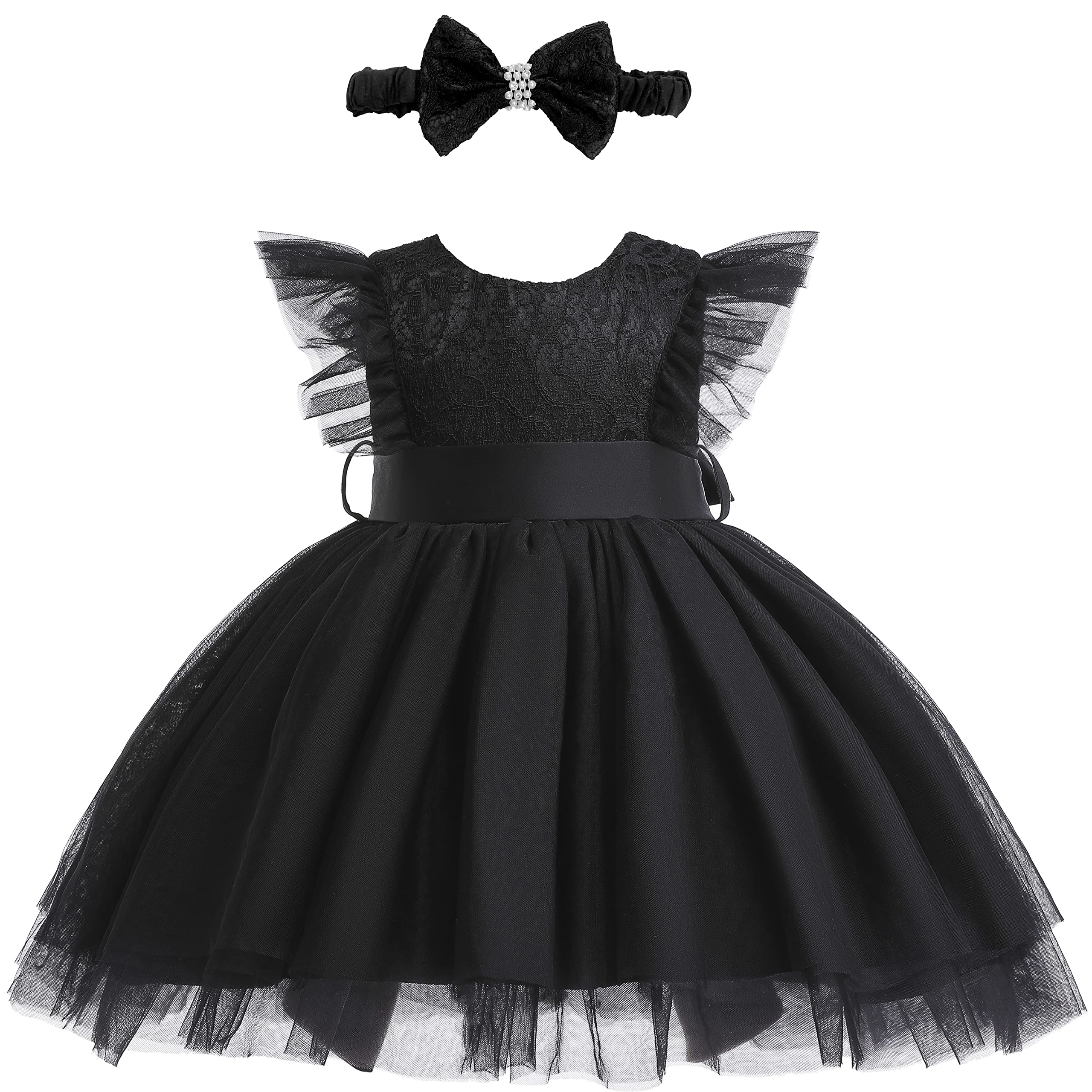 Weileenice Black Flower Baby Girl Tulle Dress 6M/ 6-12 Flutter Sleeve Sheer Back Newborn Girls 1st Birthday Party Wedding Outfit Lace Bow Headband Toddler Photo Shoot Formal Tutu Dresses Christmas