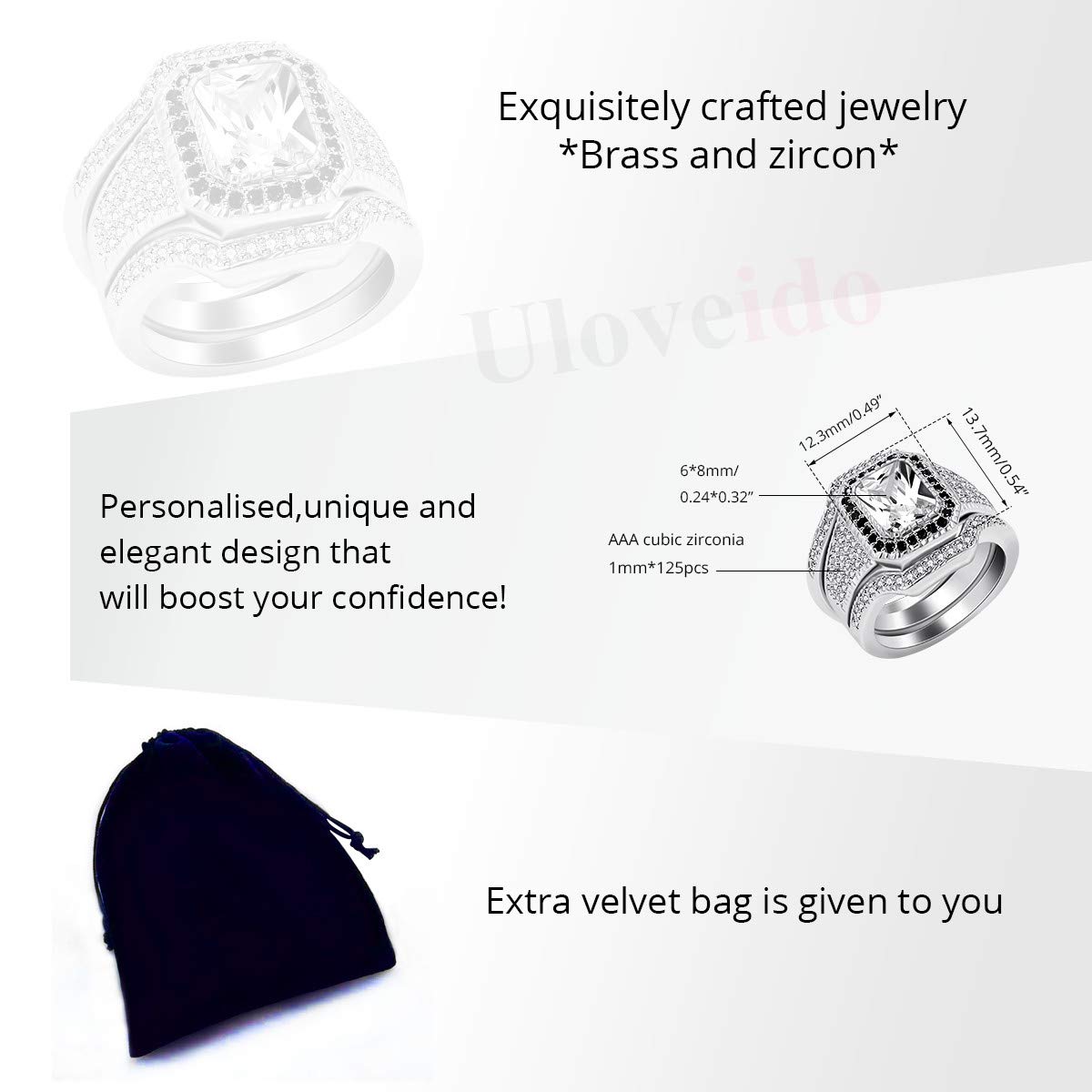 NC Rhodium Plated Simulated Diamond Cluster Square Wedding Bands Bridal Rings, Men & Women's Engagement Ring Trio Set (Size 9)