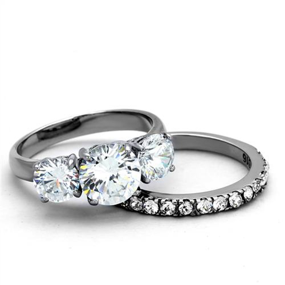 Marimor Jewelry Stainless Steel 4.17 Carat Round Cut 3 Stone Engagement and Wedding Ring Set Size 5