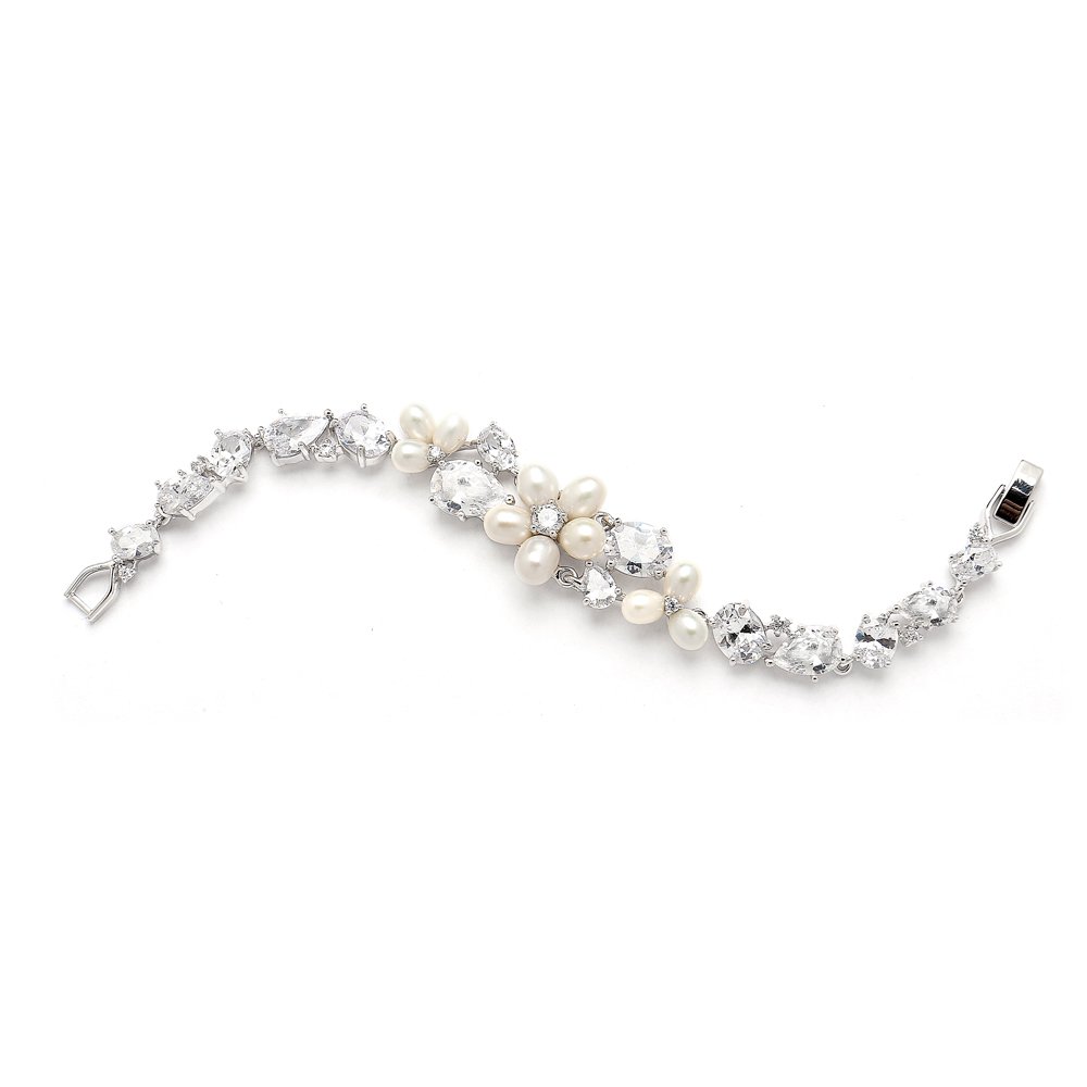Mariell Cultured Freshwater Pearl Cubic Zirconia Crystal Bridal and Wedding Bracelet - Platinum Plated