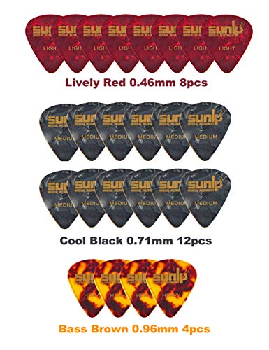 Premium Guitar Picks 24pcs Thin Medium Heavy Gauge Variety Pack with Picks Holder Plastic Picks Box SUNLP Celluloid Guitar Picks for Acoustic Classical Electric Guitar Bass 0.46mm & 0.71mm & 0.96mm