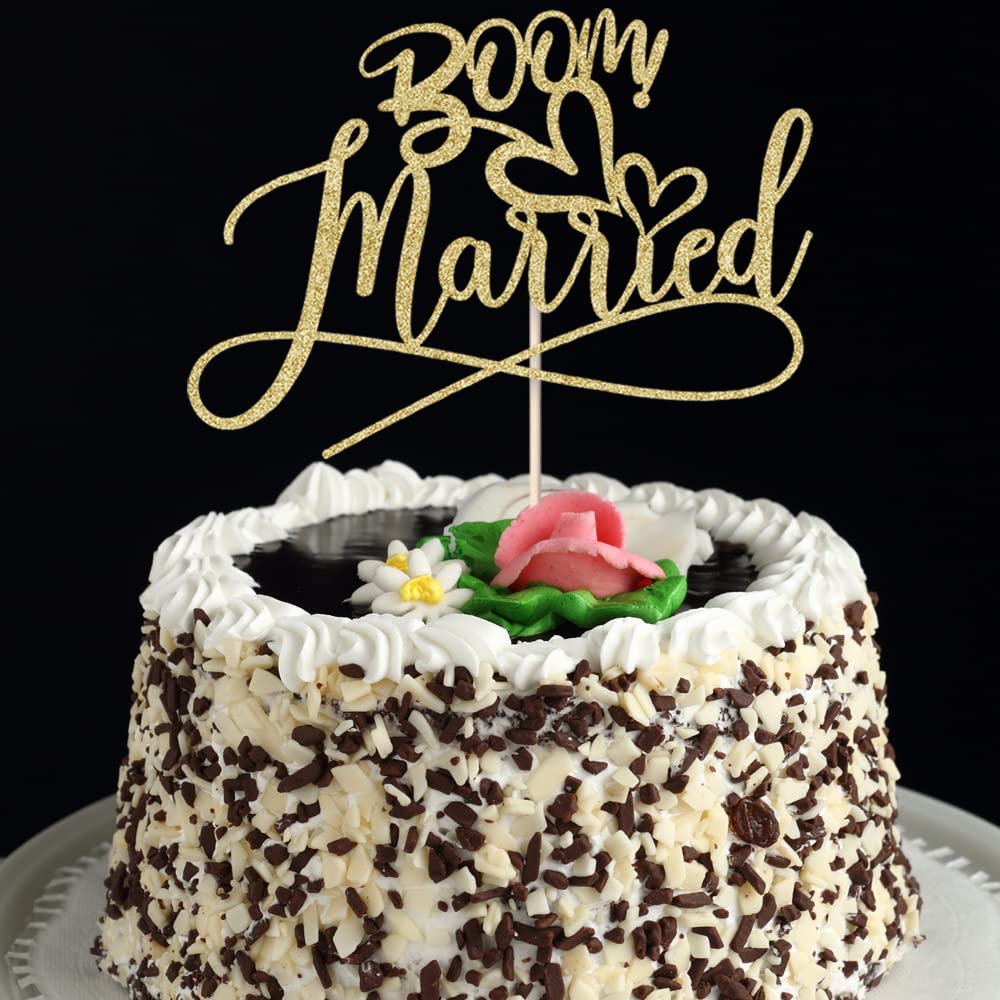 Sodasos BOOM! Married Wedding Cake Topper,Funny Cake Topper, Quirky, Nerdy Topper,Married Cake Topper,Bridal Shower,Theme Wedding Party Supplies (gold)