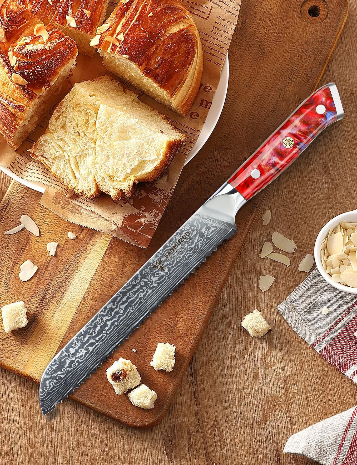 SANMUZUO 8” Bread Knife Serrated Kitchen Chef Knife - Damascus Steel & Resin Handle - Xuan Series (Sunset Red)