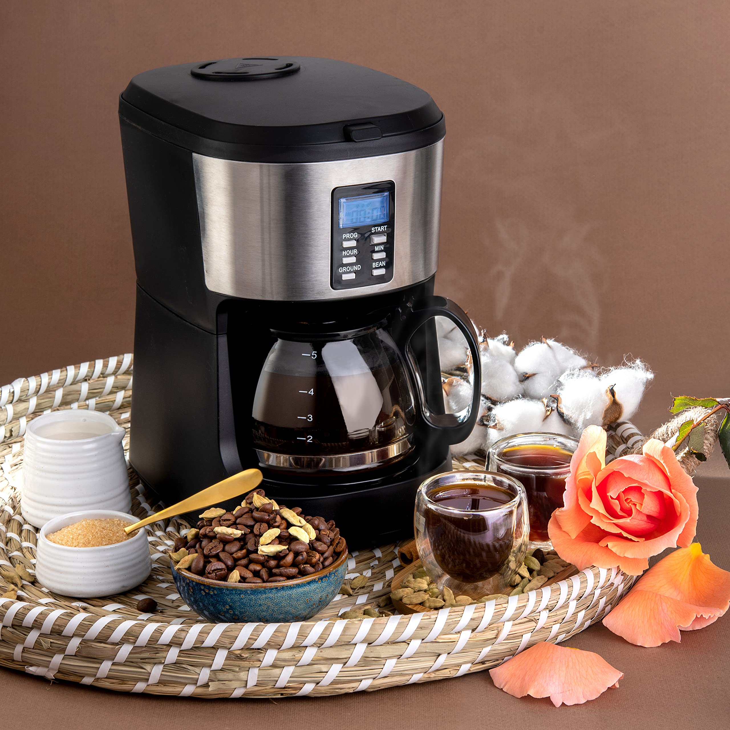 Mixpresso 5-Cup Drip Coffee Maker, Automatic Brew Coffee Pot Machine with Built-In Burr Coffee Grinder, Programmable Smart Coffee Maker with Timer With Glass Carafe Coffee Pot