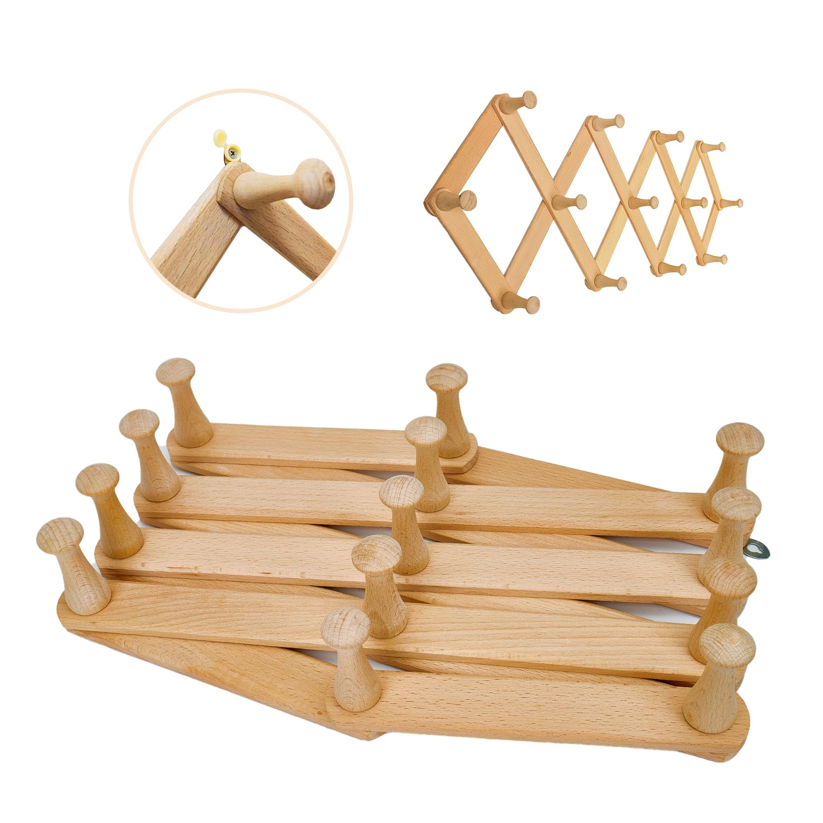 wekiweyi Expandable Accordion Wall Rack β 13 Hook Wooden Coat & Hat Rack, Multi-Functional Beech Wood Hanger for Hats, Coats, Coffee Mugs, and More, Rustic Natural Finish