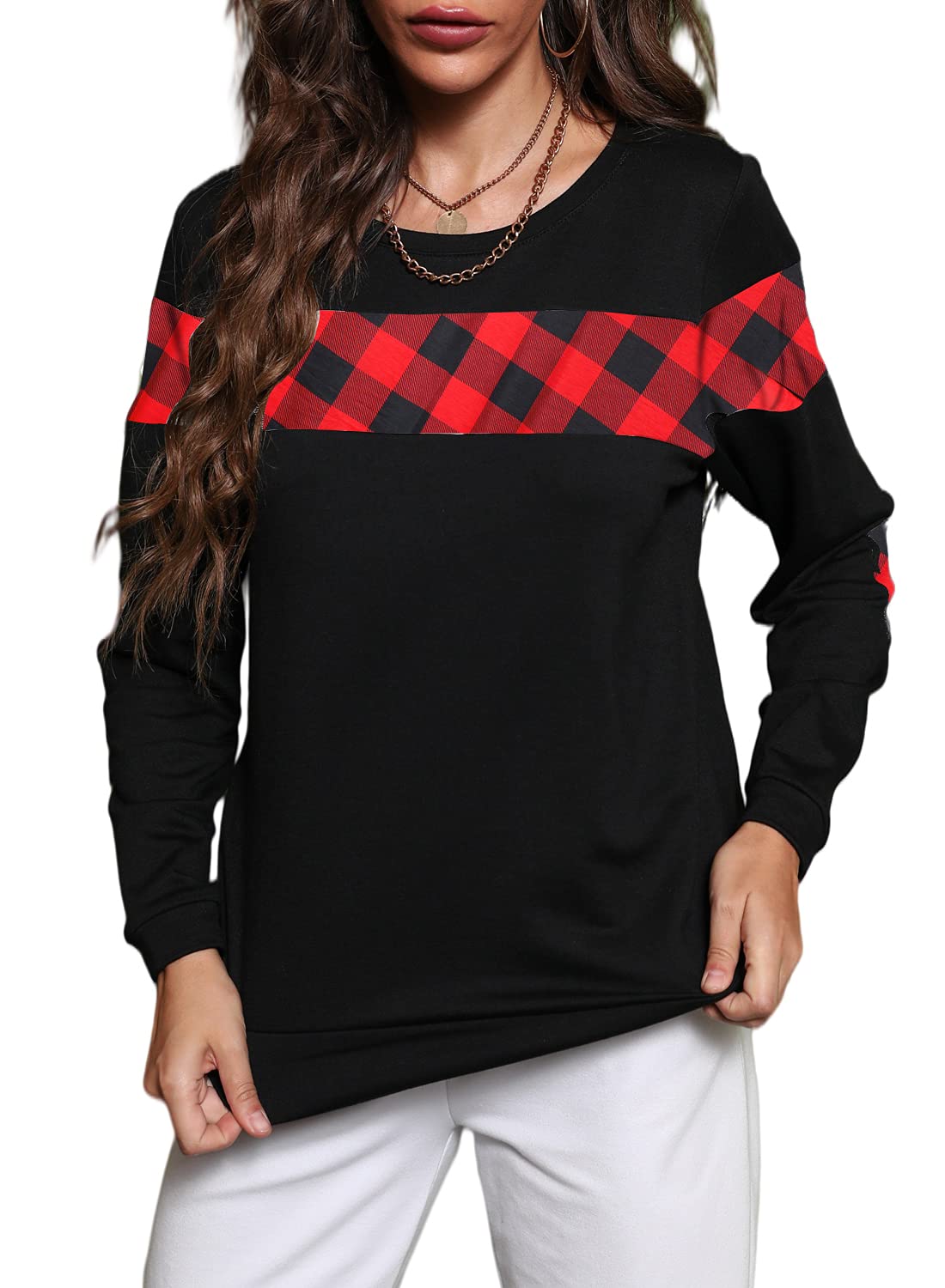 Mokayee Red and Black Buffalo Plaid Shirt for Womens Long Sleeve Color Block Crew Neck Tops Elbow Patch Casual Shirt Pullover Sweatshirt 2XL
