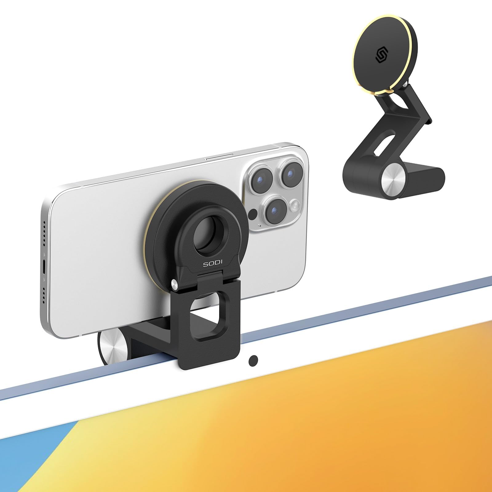SODI Continuity Camera Mount for Desktop Monitor & iMac - iPhone Webcam Mount for MacBook with Mag-Safe Compatible, Tilt for Desk View, Magnetic Phone Stand for iPhone 15/14/13/12, Mac OS Ventura