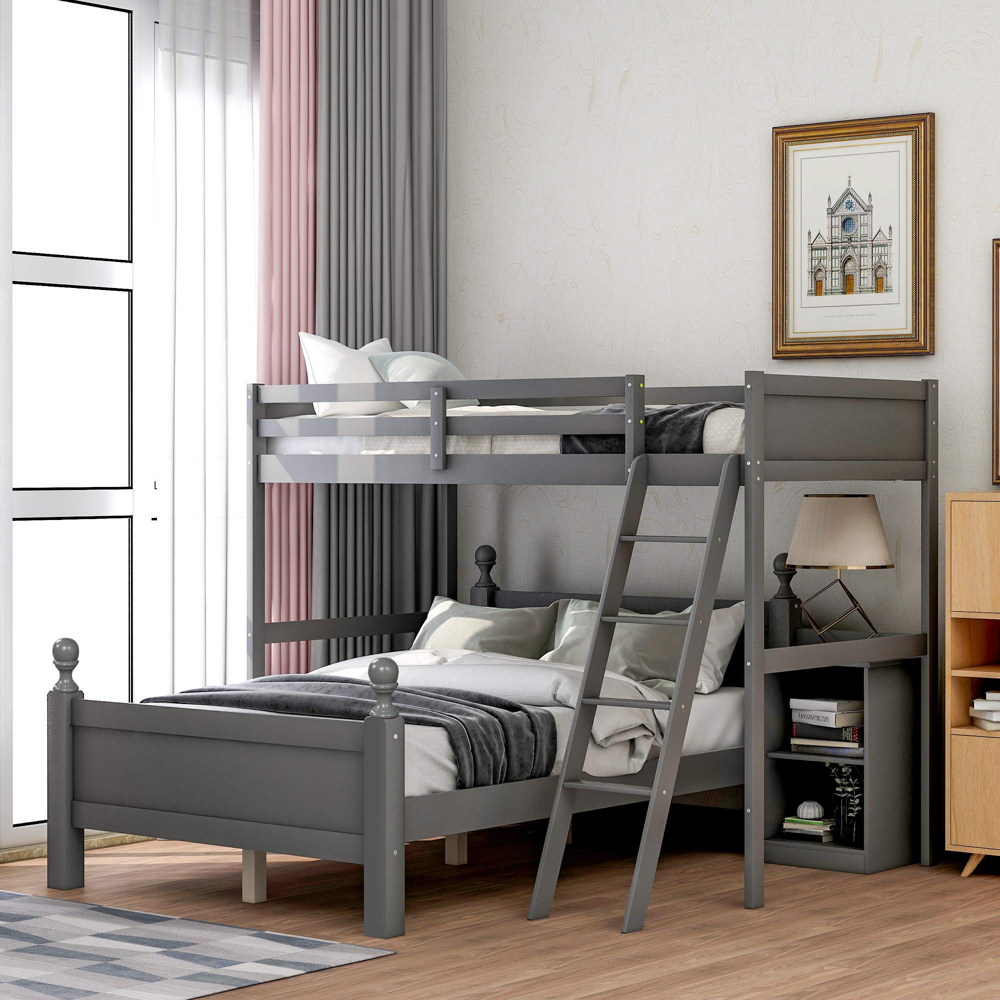 MERITLINE Twin Over Full Loft Bed for Kids, Wood Bunk Bed Twin Over Full with Night Stand L Shaped Twin Over Full Loft Bunk with Guardrail and Ladder