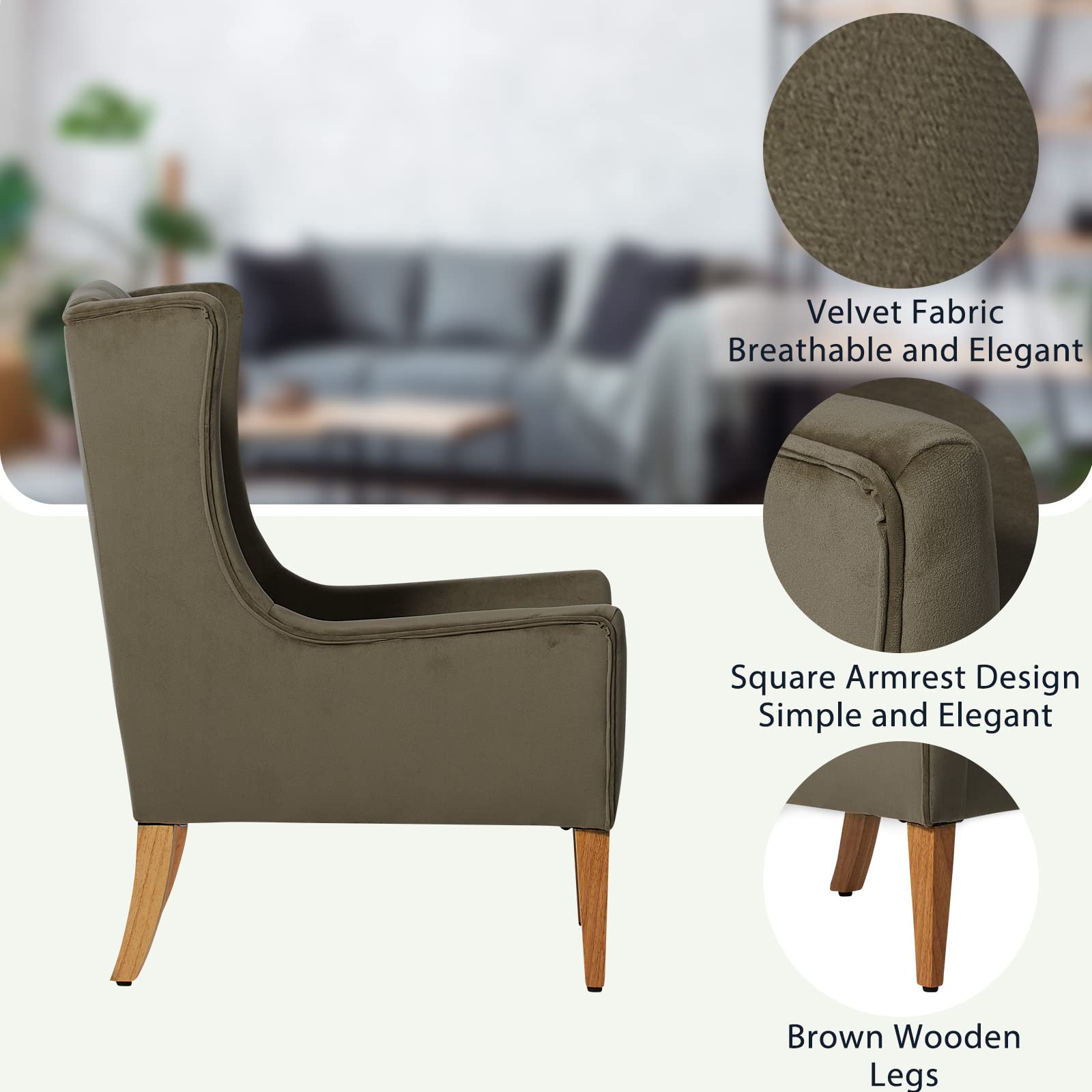 LOVSPATIO Mid-Century Accent Chair,Button Tufted Velvet Armchair with High-Back Rest,Big Cushioned Seat and Solid Wood Legs for Living Room Bedroom (Light Brown)