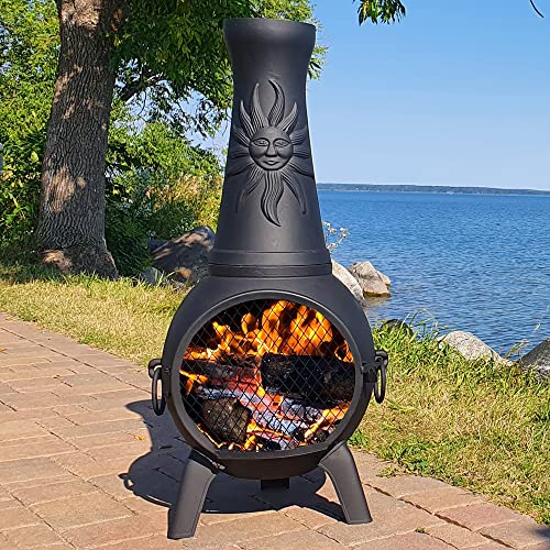 Sun Fire Outdoor Chiminea Fireplace by The Blue Rooster - Rust-Free Cast Aluminum Deck or Patio Firepit