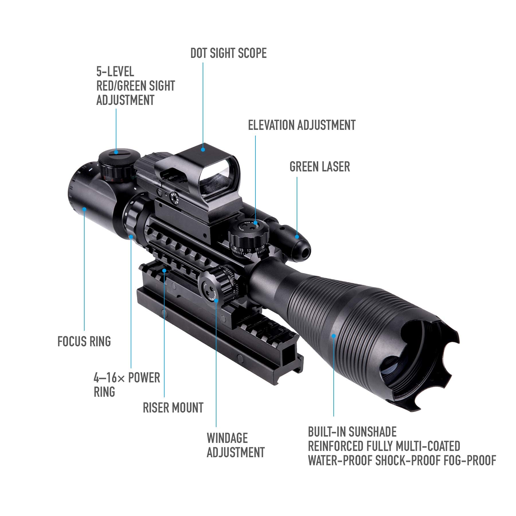 Pinty 4-16X50 Illuminated Optics Sight, Green Laser, Reflex Sight, 1 inch High Riser Mount & Laser Boresighter, Red Dot Laser Bore Sight Pistol Carbine Rifle Self Defense Hunting